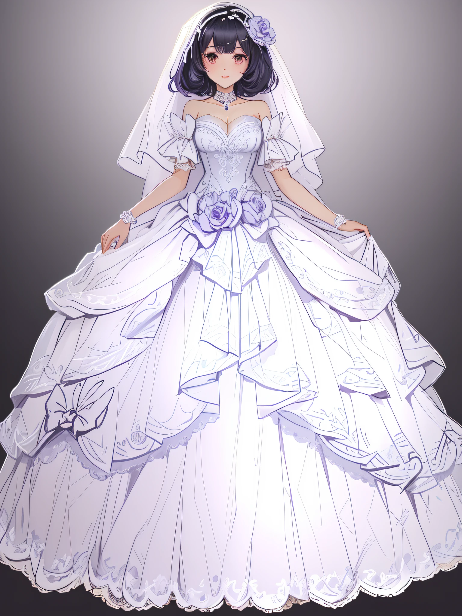 An anime manga of a woman wearing a veil in a lilac wedding dress ...