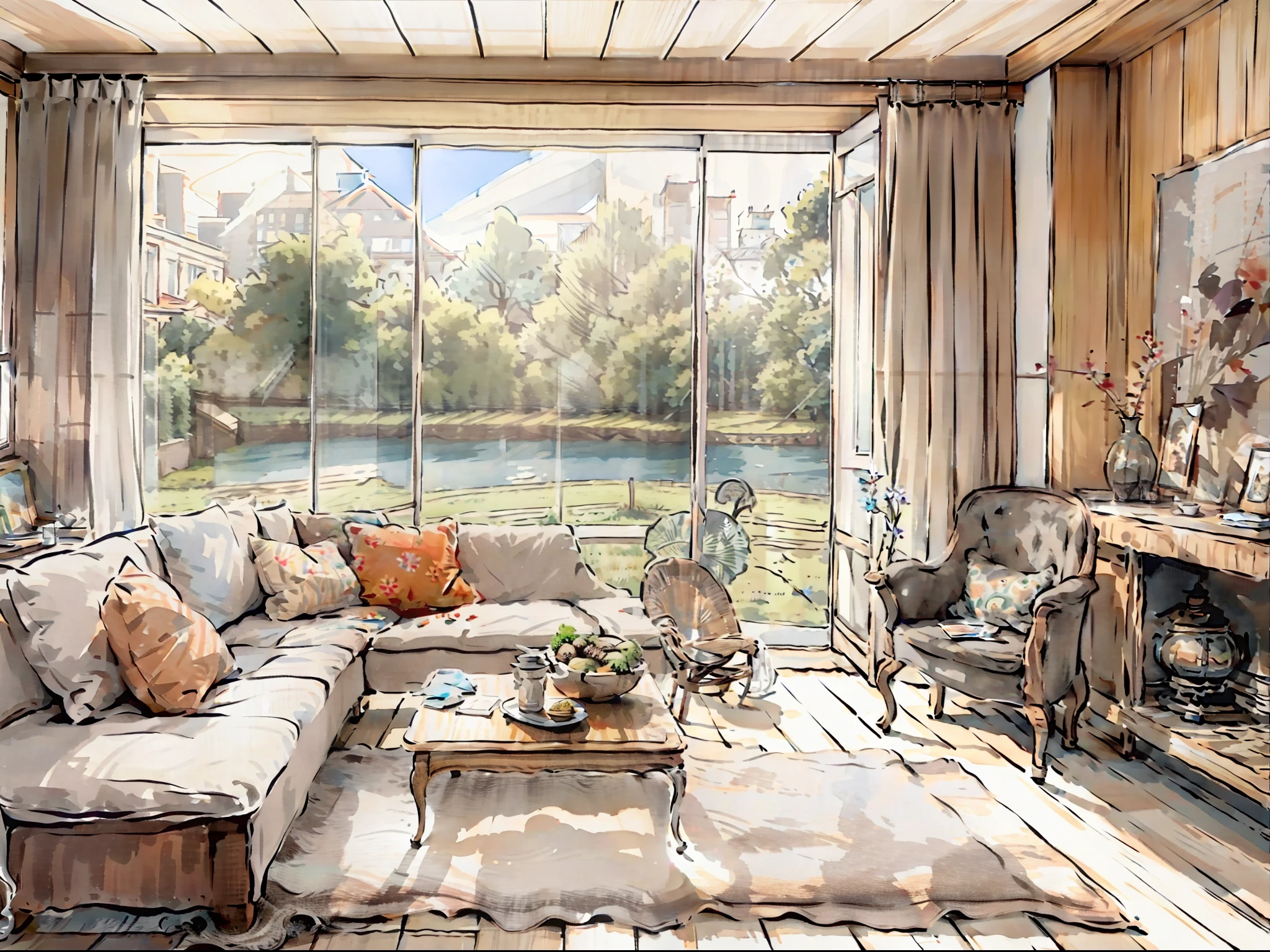 Painting of a living room with a couch and a table - SeaArt AI