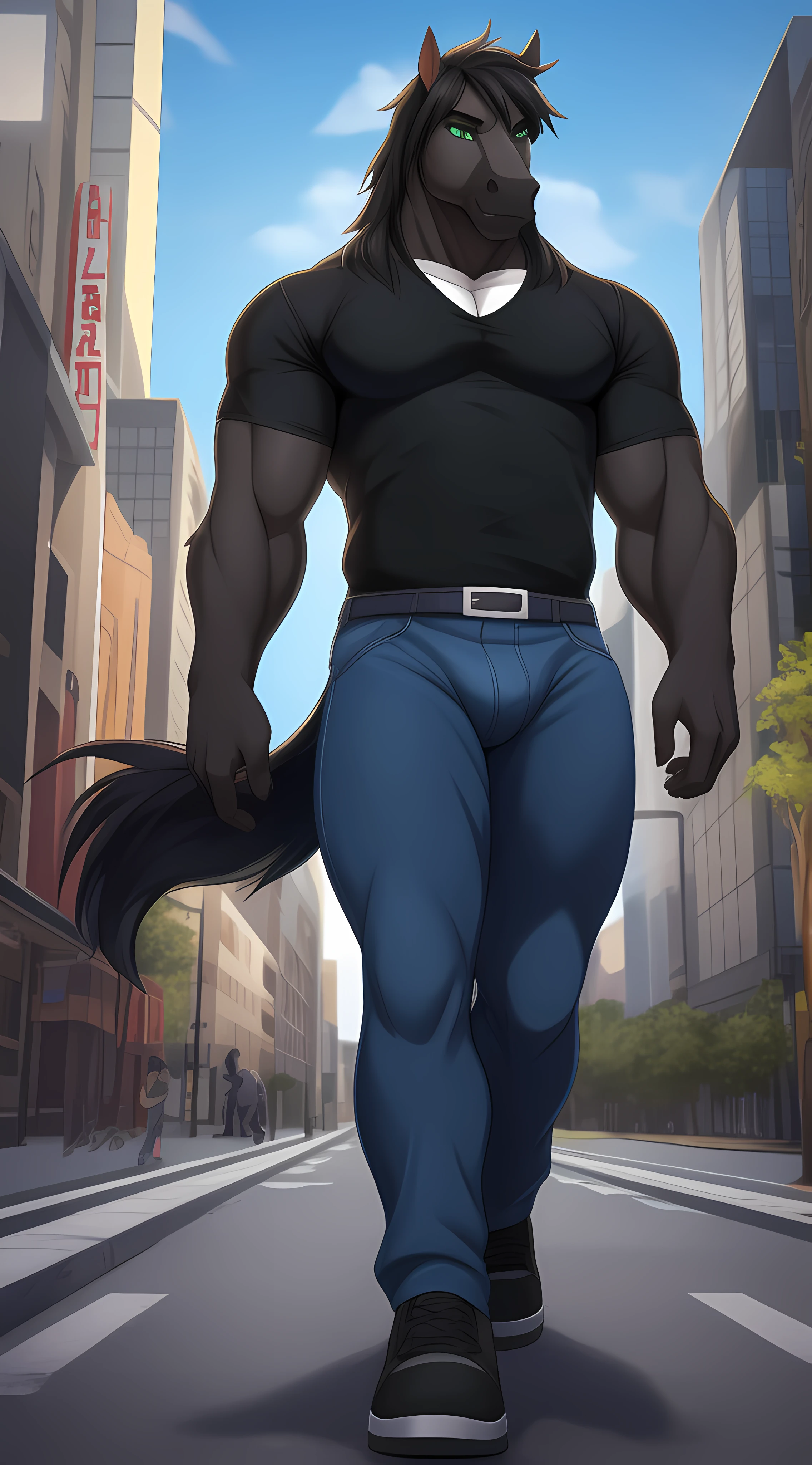 A cartoon picture of a man with a horse head walking down a street - SeaArt AI