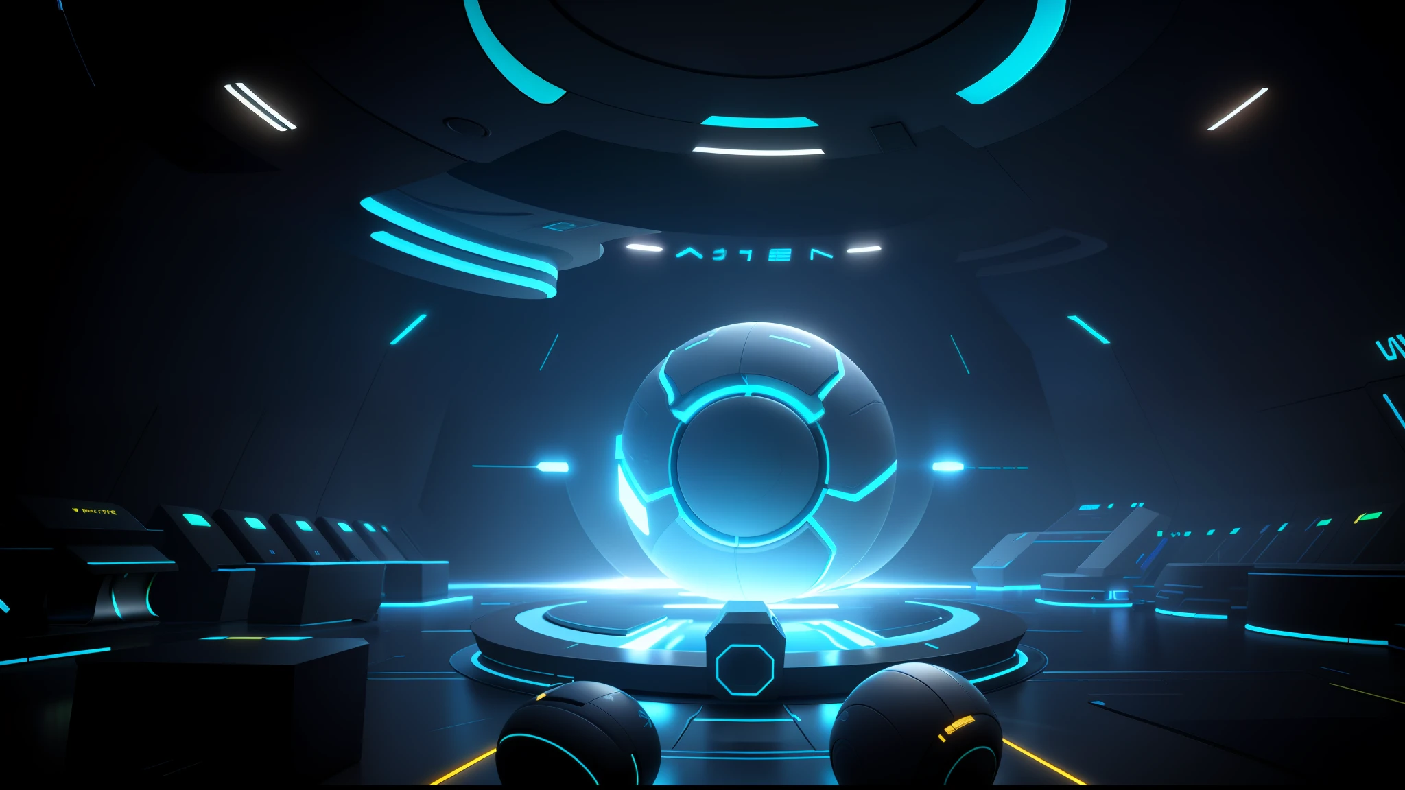 A close up of a futuristic room with a sphere on the floor - SeaArt AI