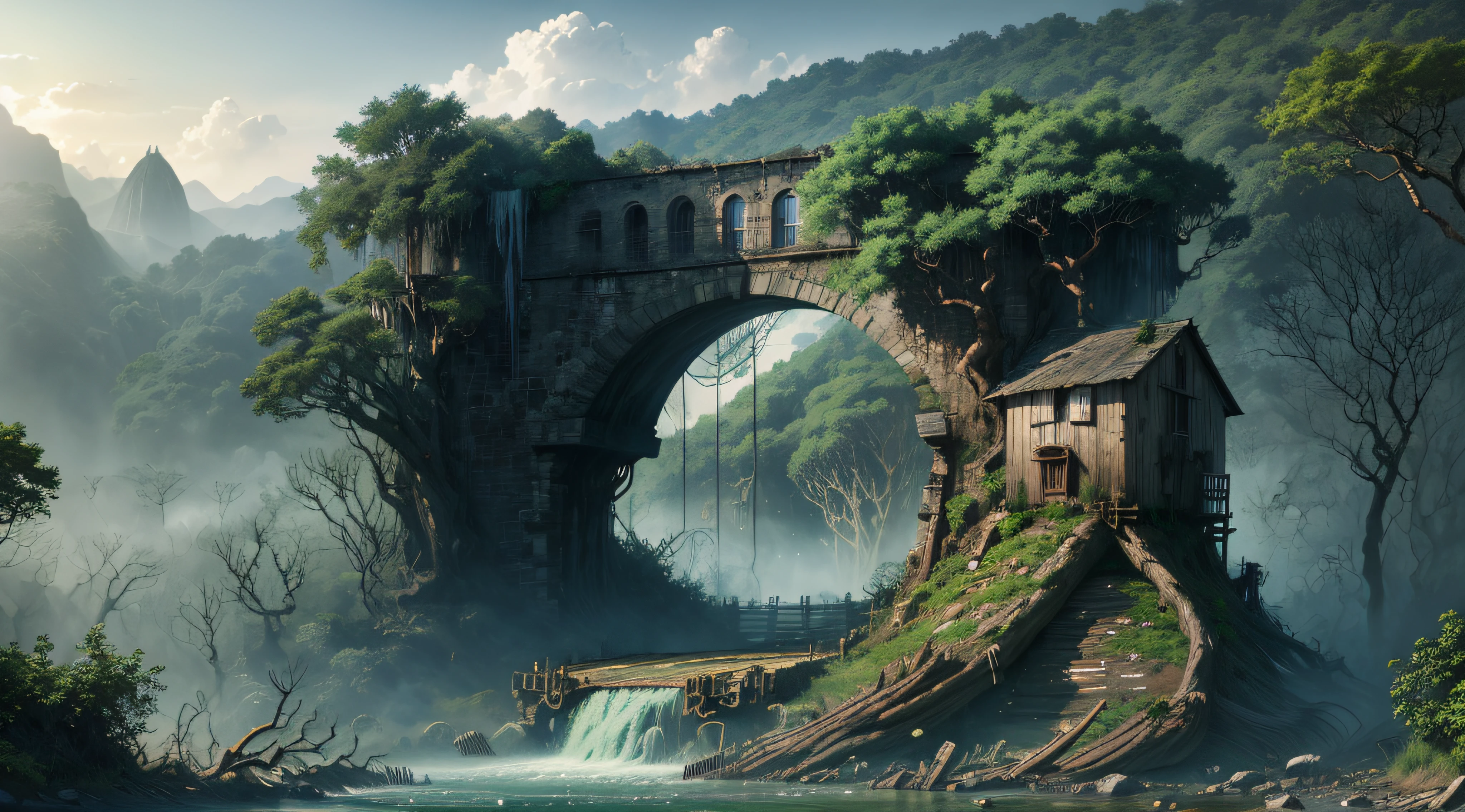 Arafed bridge over a river with a waterfall and a house - SeaArt AI