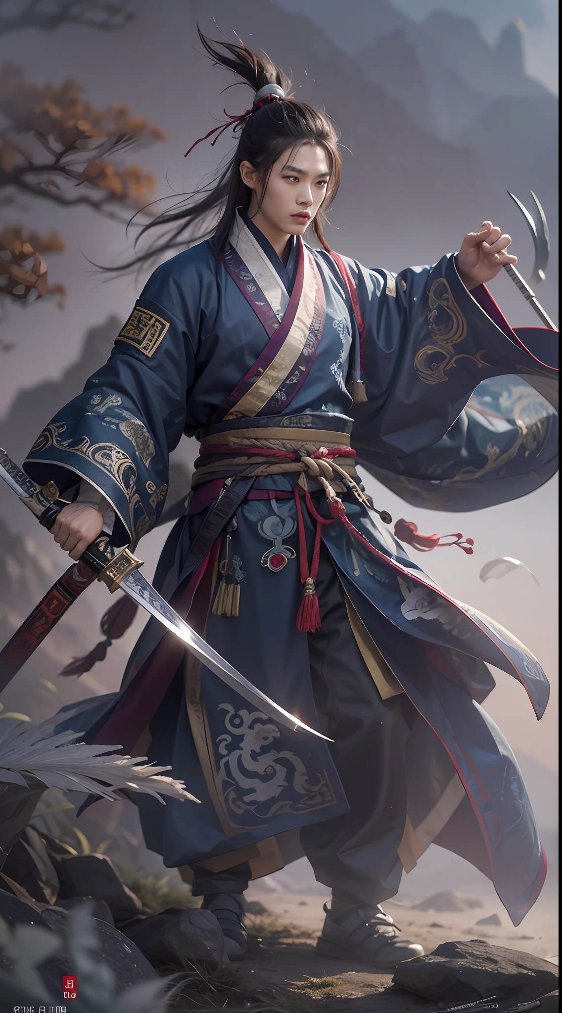 A woman in a blue robe holding two swords and a sword - SeaArt AI