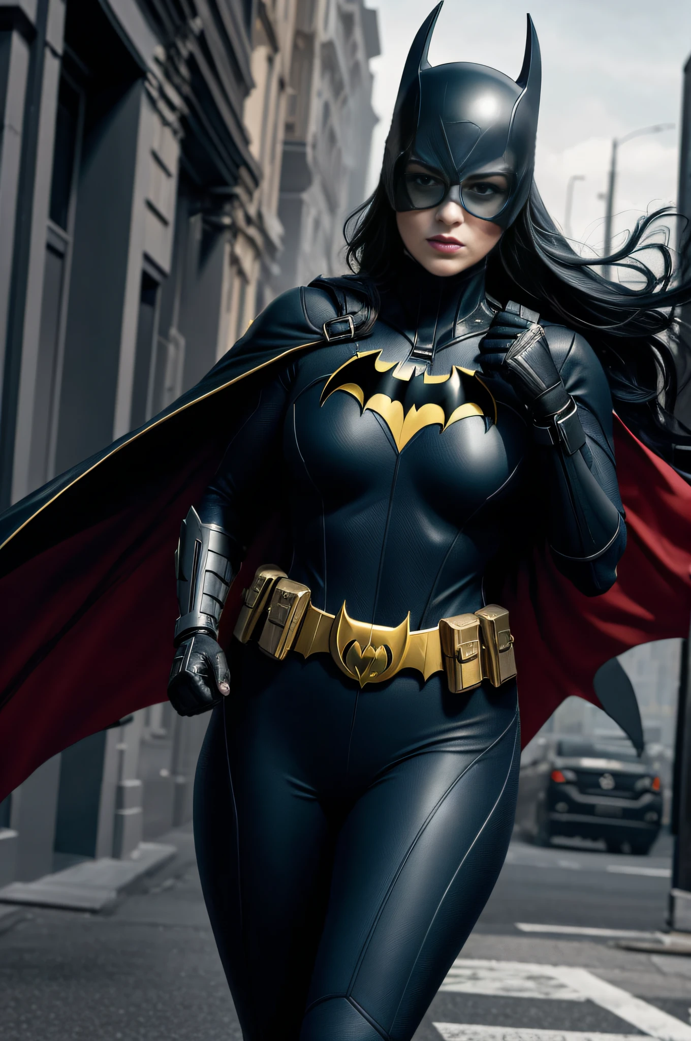 A woman in a batman costume walking down a street - SeaArt AI