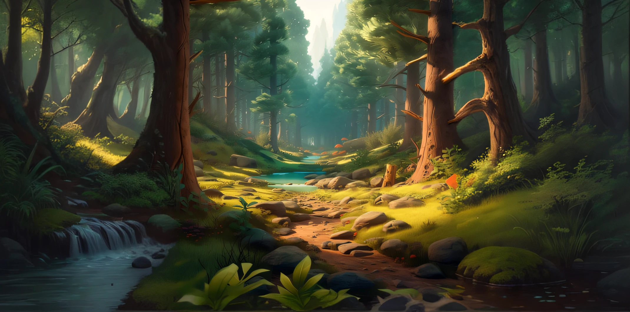 Painting of a forest with a stream and a stream running through it ...