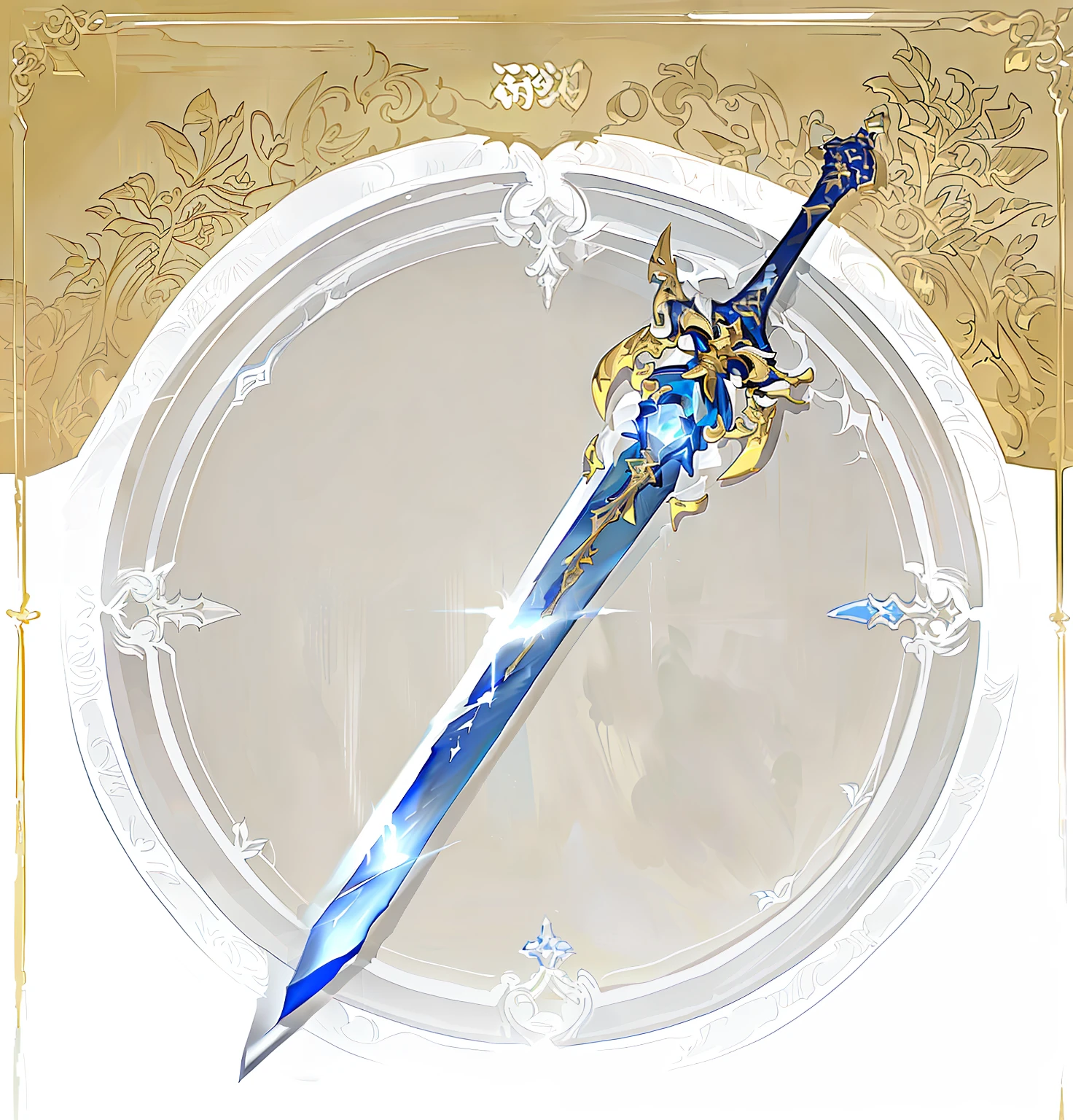 There is a blue sword on a plate with a gold border - SeaArt AI