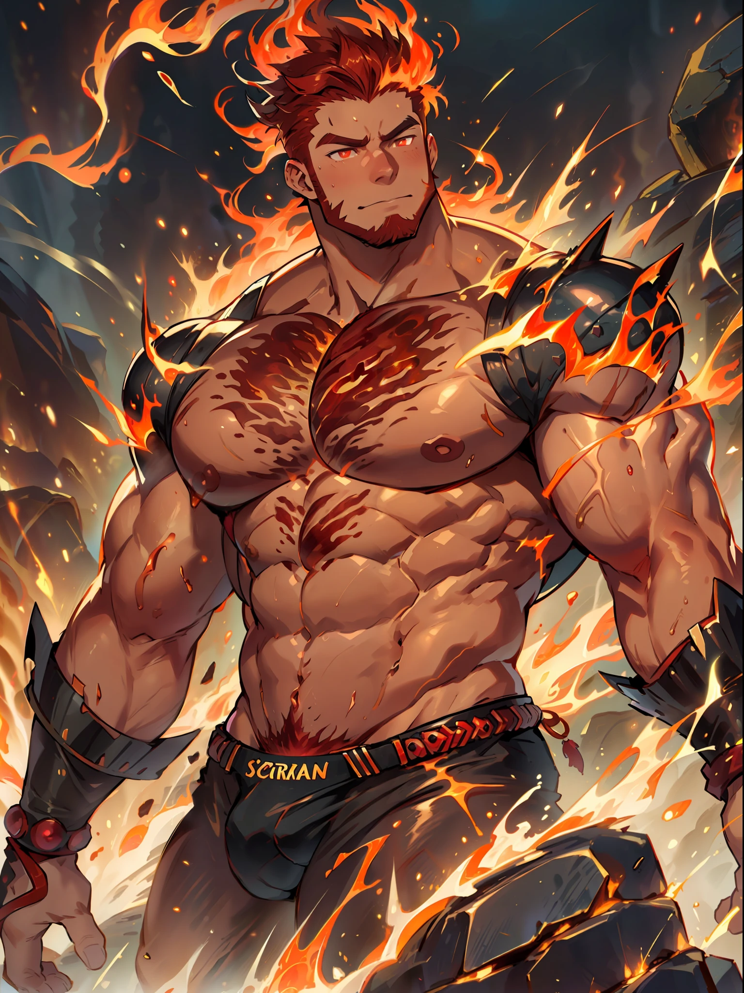 A man with a red hair and a beard is standing in front of a fire ...