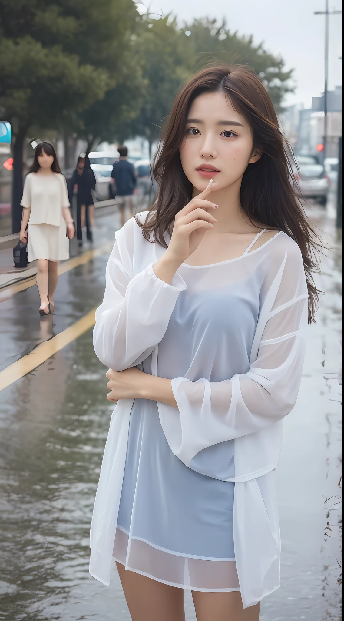 A woman standing on a wet street with a white shirt - SeaArt AI