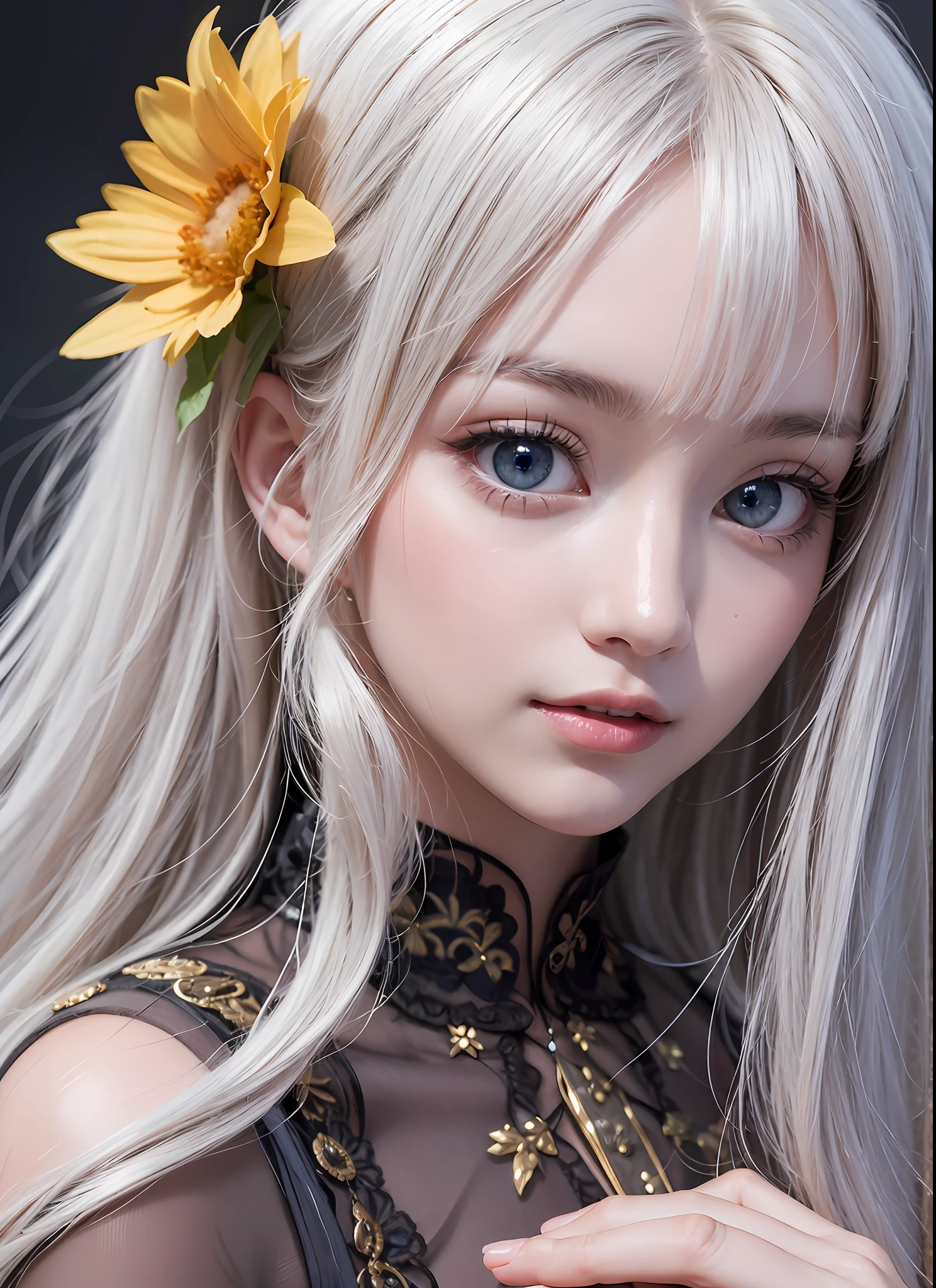 A close up of a woman with long white hair and a flower in her hair - SeaArt AI