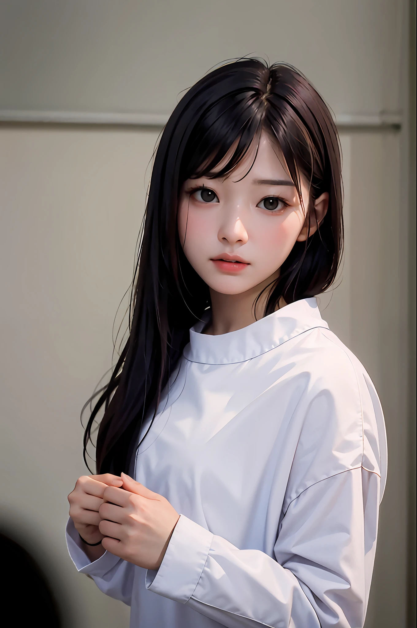 A close up of a woman with long hair wearing a white shirt - SeaArt AI