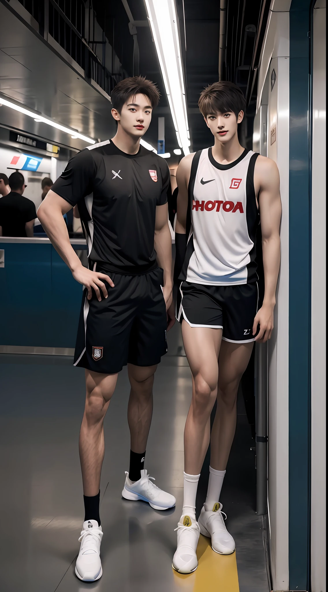 Two men standing next to each other in a subway - SeaArt AI