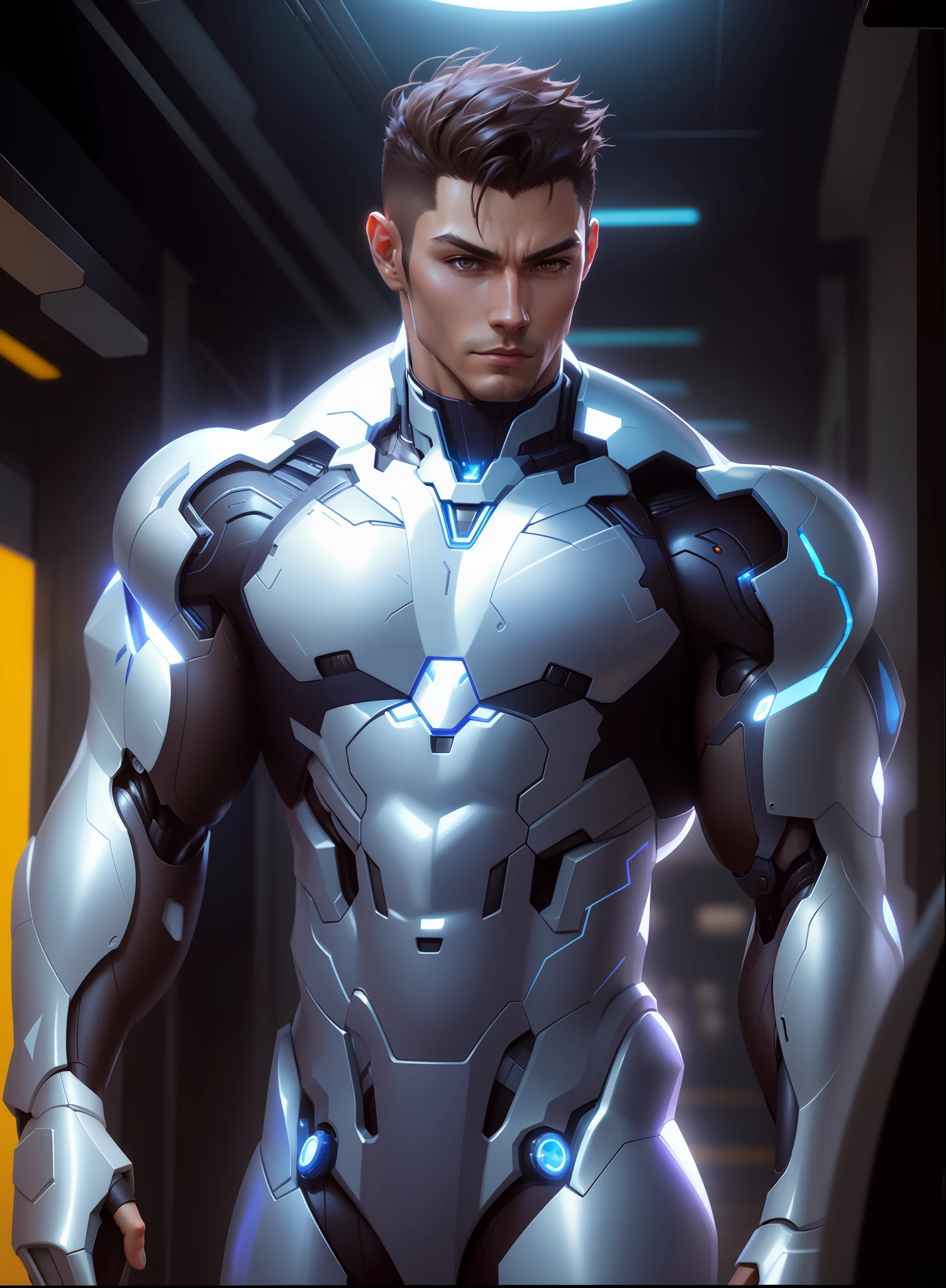 A close up of a man in a suit with a glowing light - SeaArt AI