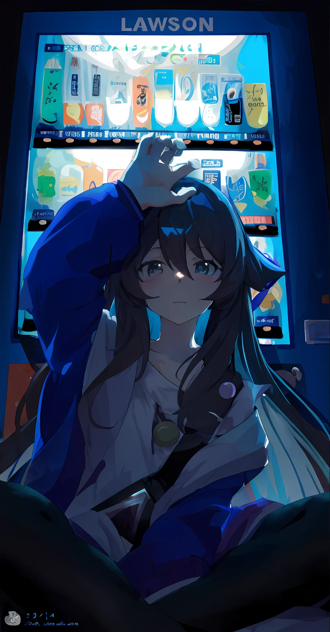 Anime girl in front of vending machine with soda machine in background ...
