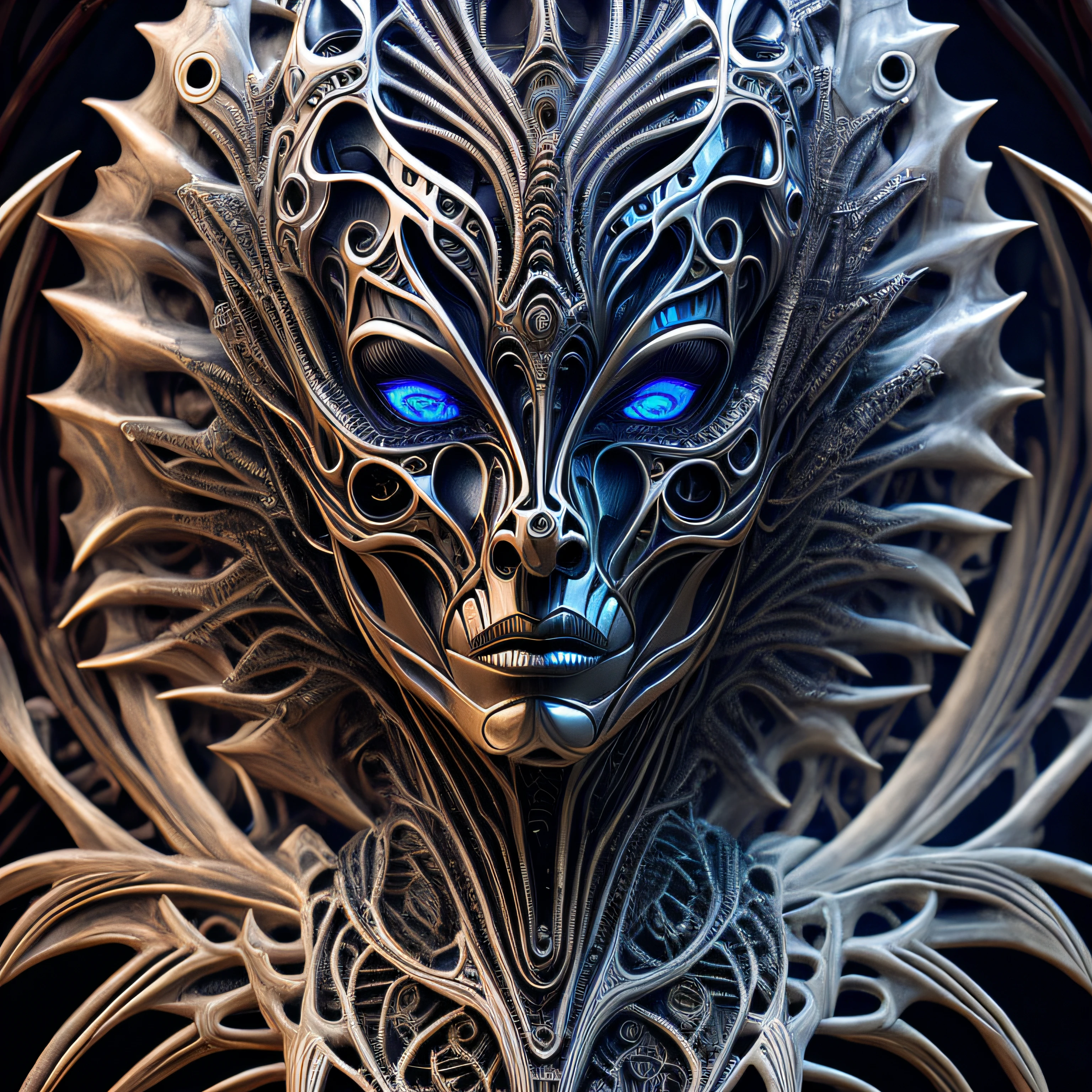 There is a very intricate looking sculpture of a dragon with blue eyes ...