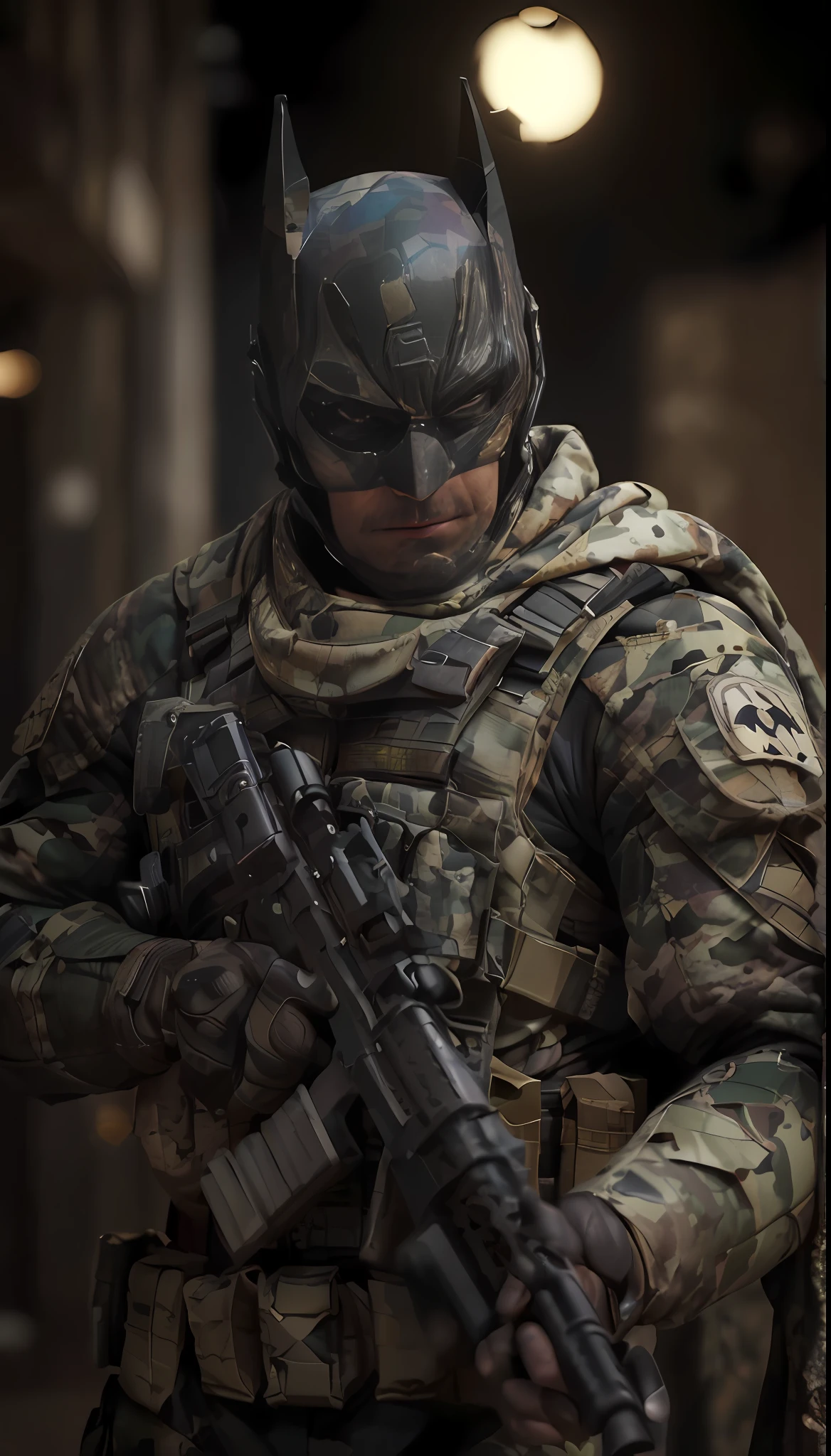 Batman in camouflage holding a gun and looking at the camera - SeaArt AI