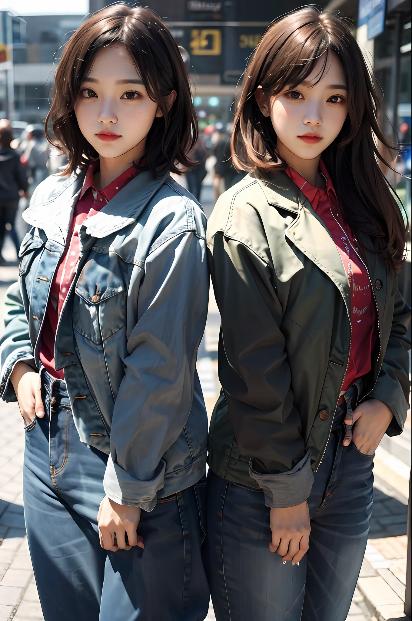 Two asian women standing next to each other on a city street - SeaArt AI