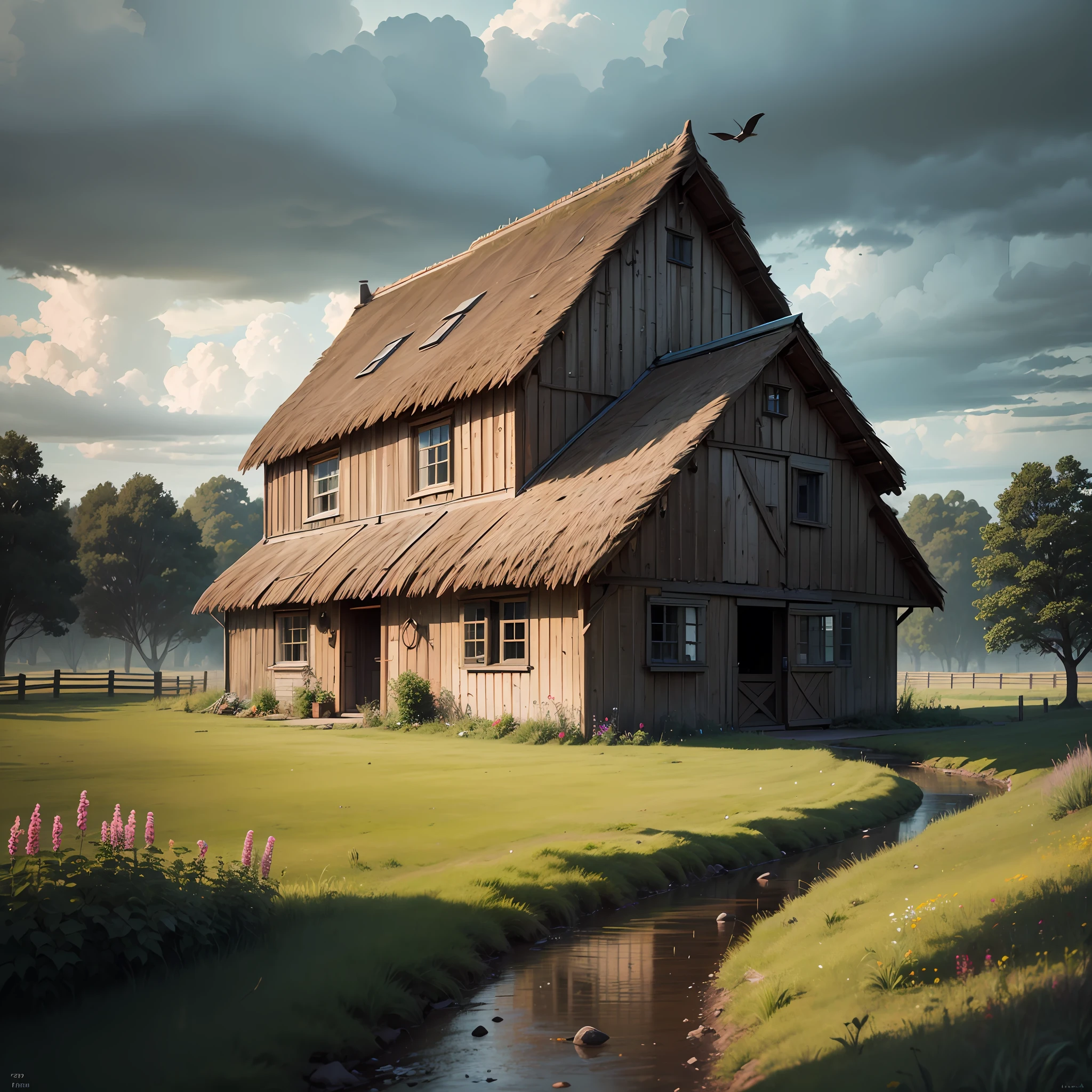 Painting of a barn with a thatched roof and a stream running through it ...