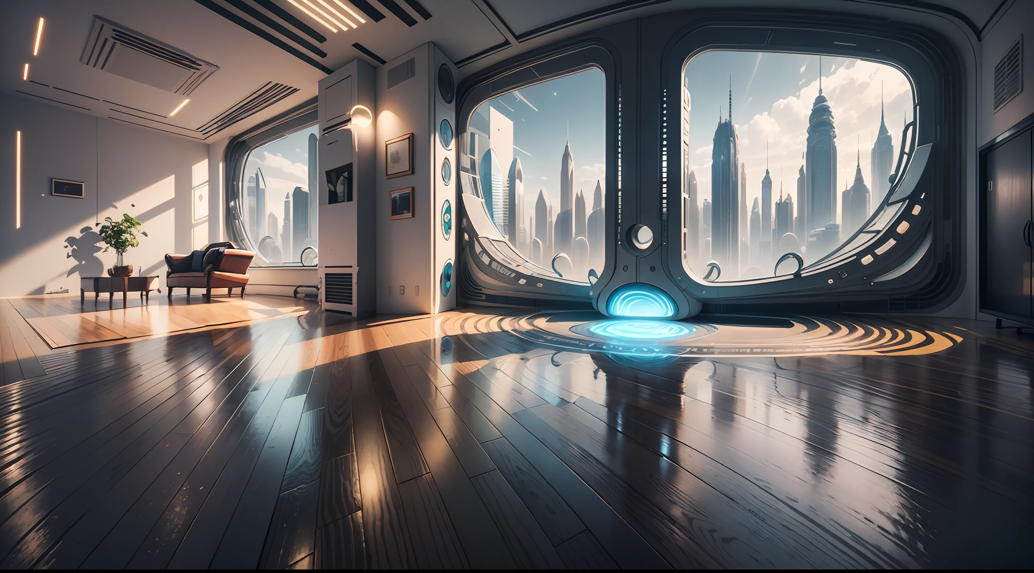 Futuristic living room with a large window and a wooden floor - SeaArt AI
