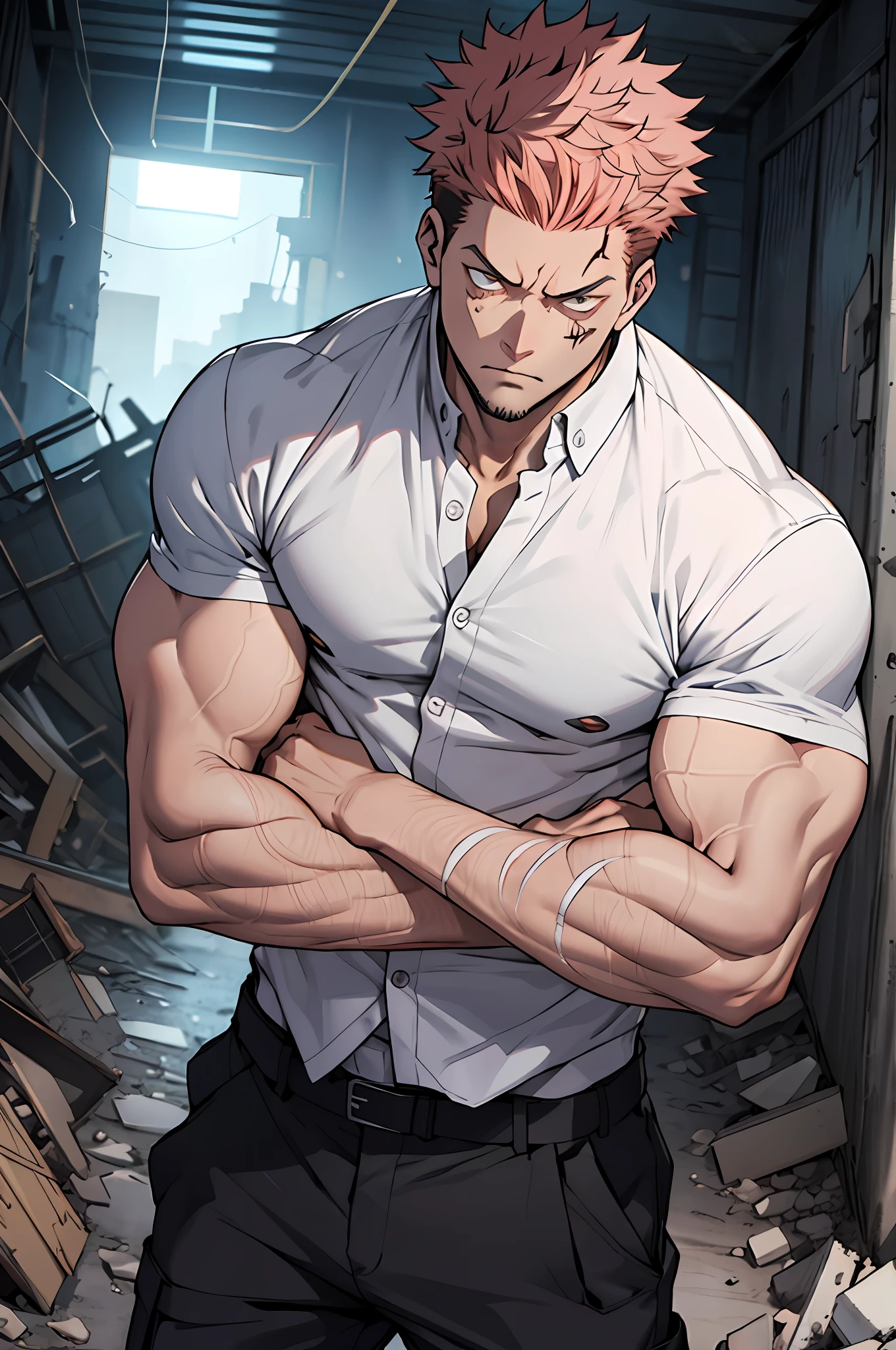 Anime character with arms crossed standing in a room with rubble ...