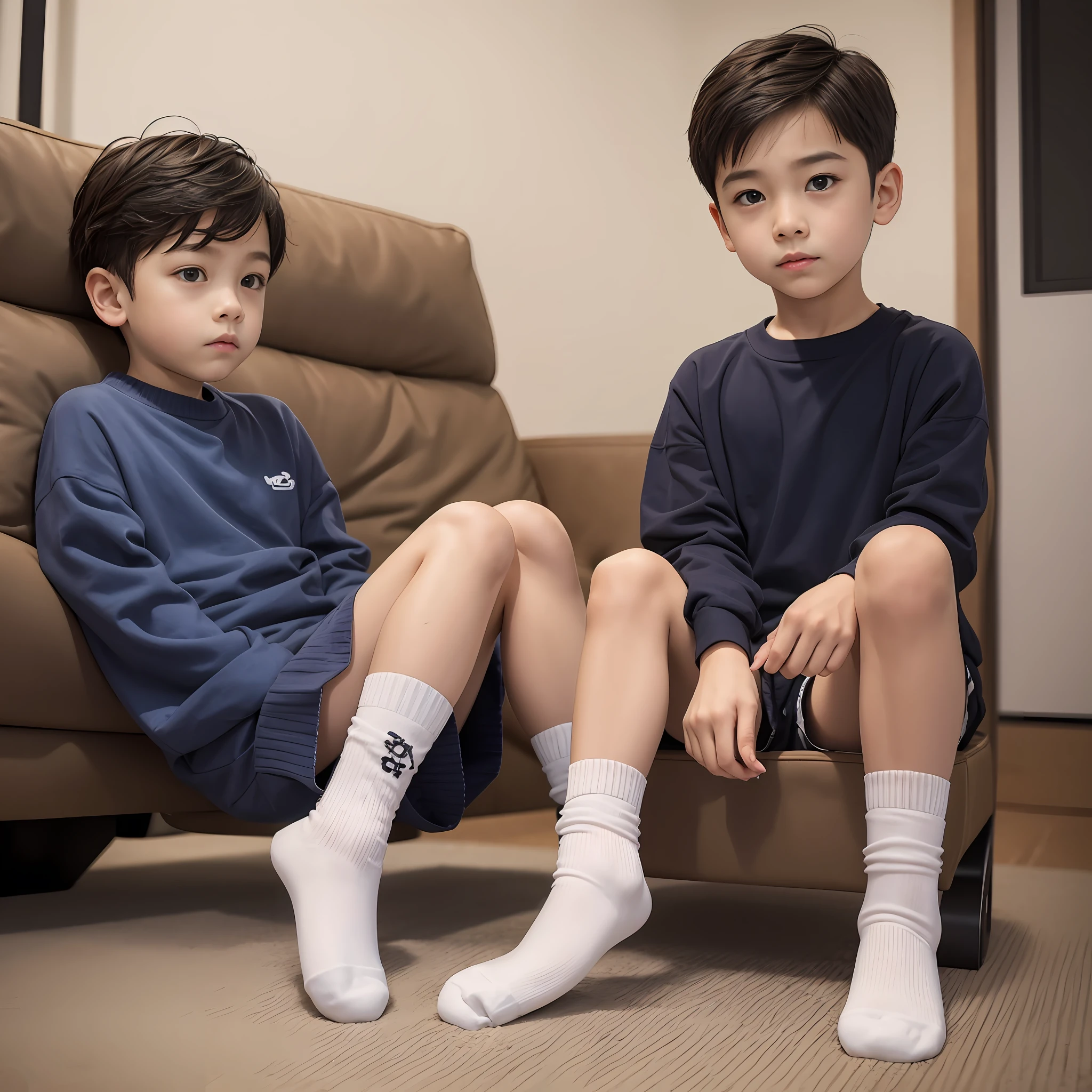 Two young boys sitting on a couch with their feet crossed - SeaArt AI