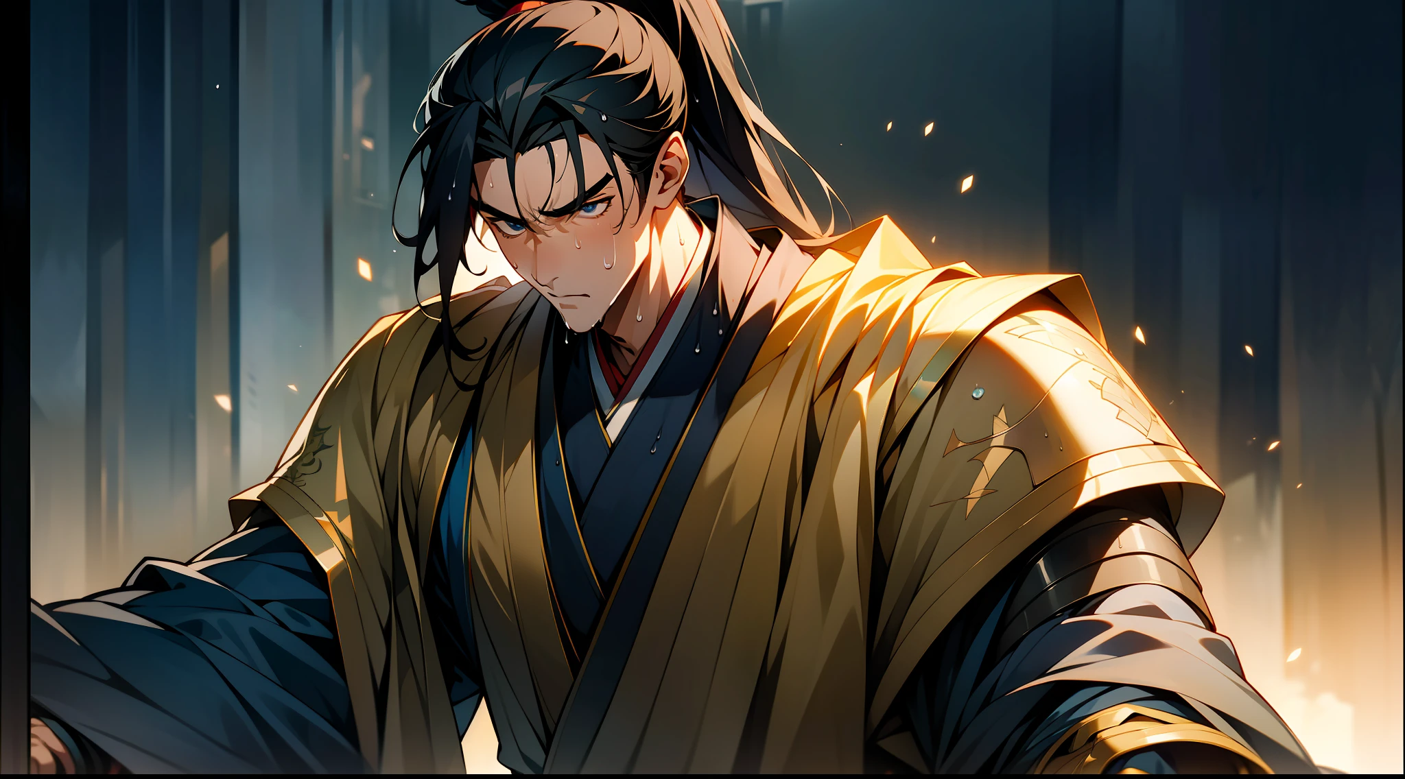 Anime character with long hair and a yellow robe holding a sword ...