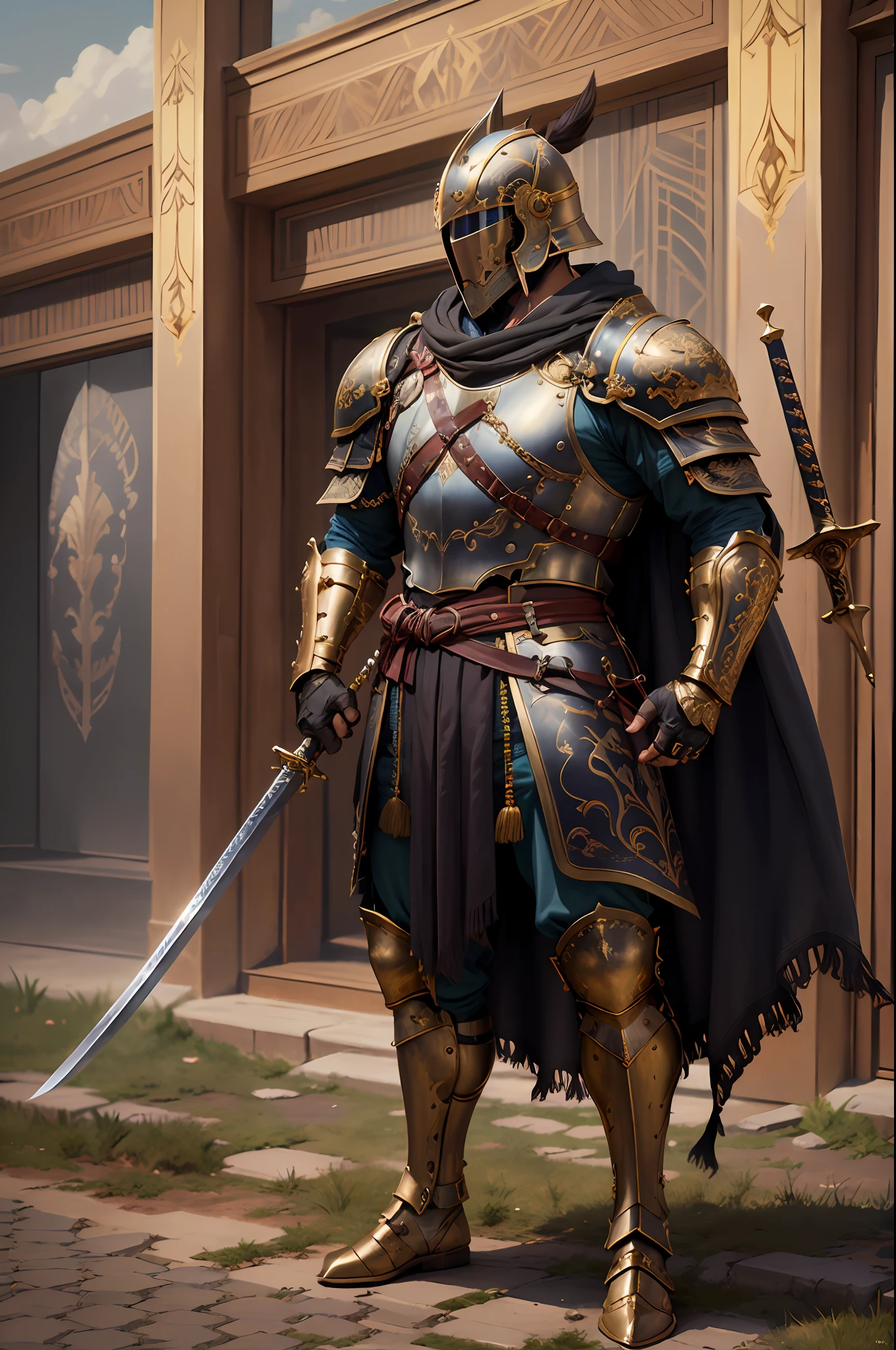 A close up of a person in armor holding a sword - SeaArt AI