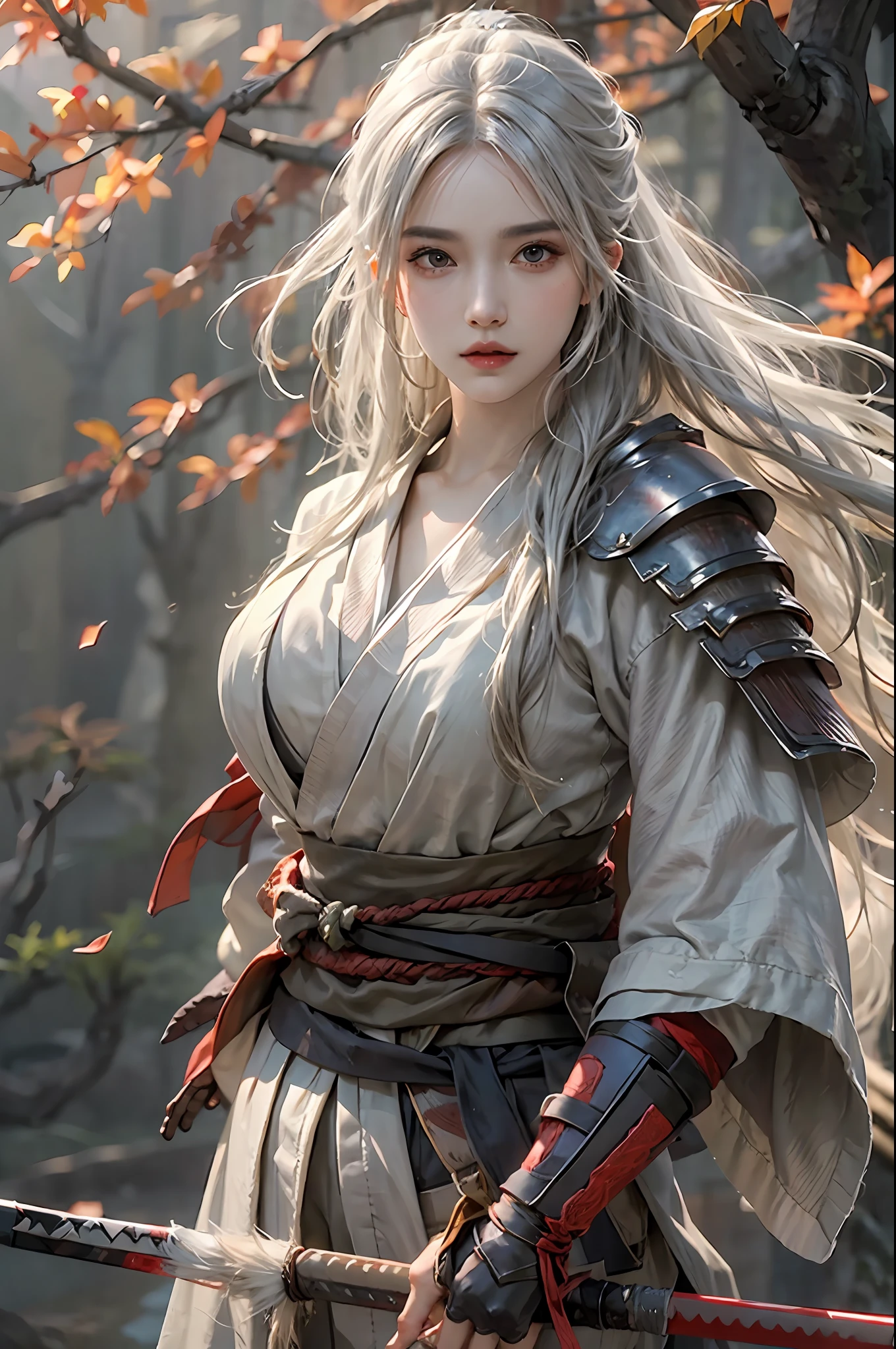 A close up of a woman with a sword in a forest - SeaArt AI