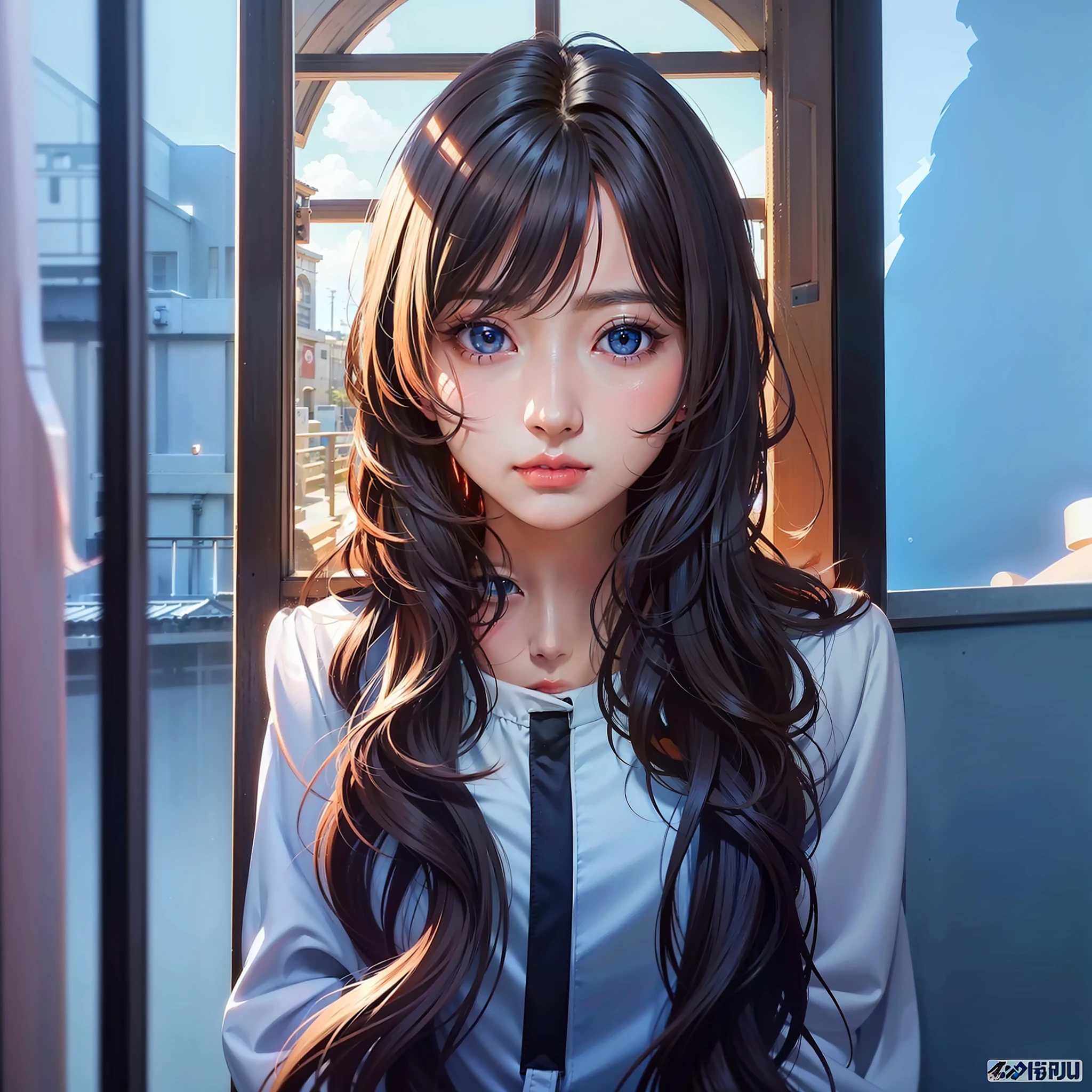 Anime girl with long hair and blue eyes sitting in a window - SeaArt AI