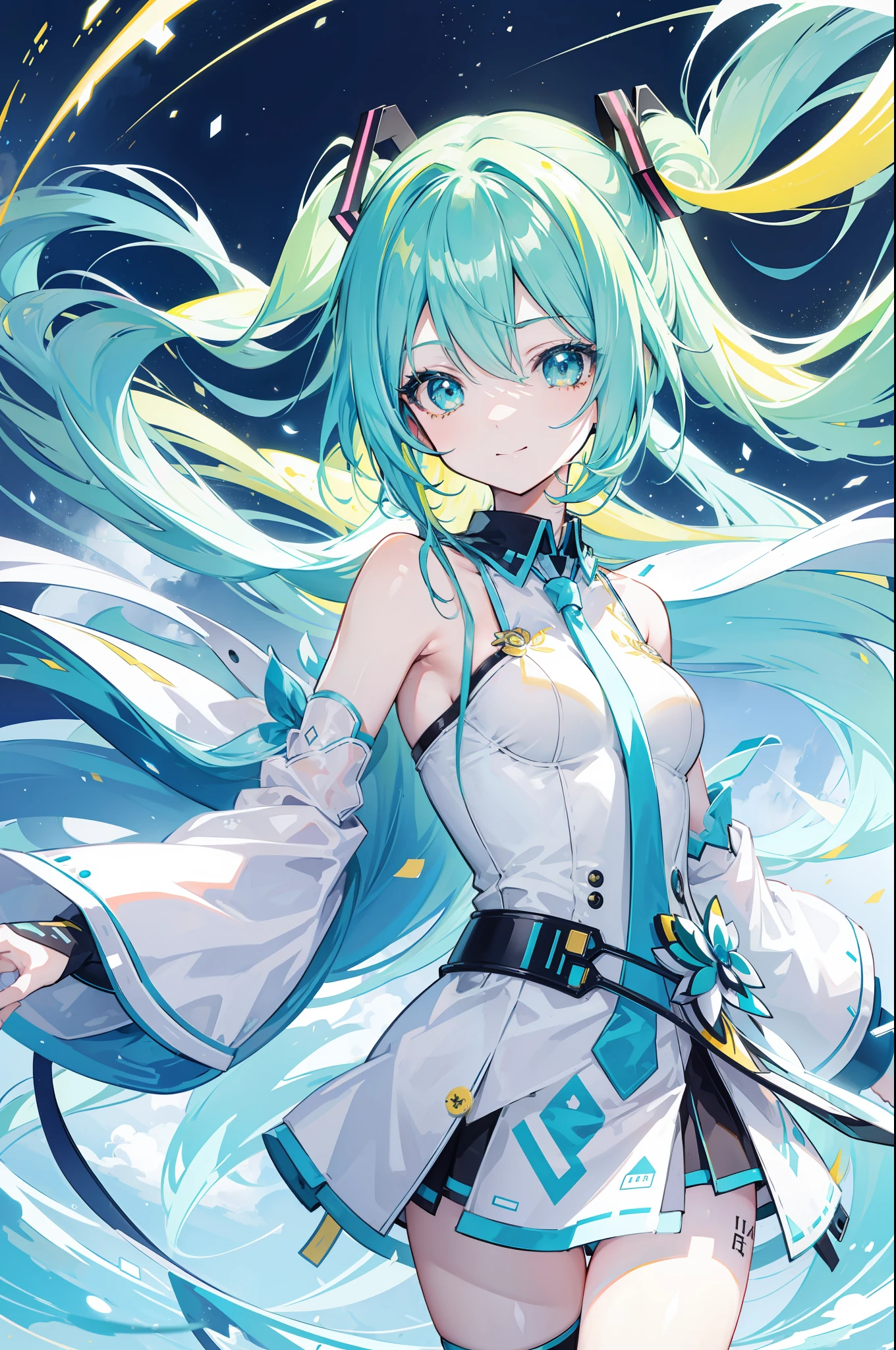 A woman with long blue hair and a sword in her hand（hatsune miku ...