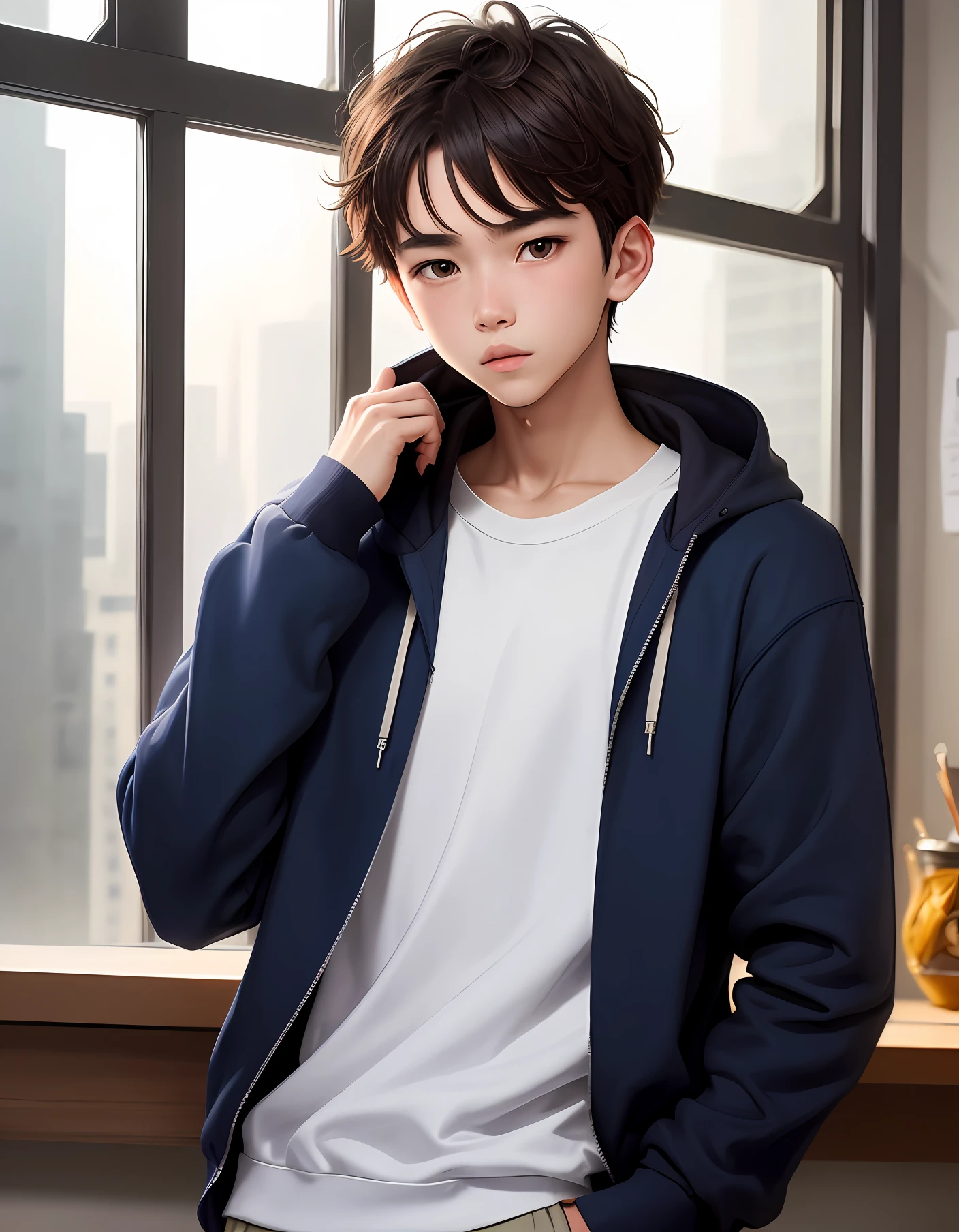 A man in a blue jacket leaning against a window - SeaArt AI