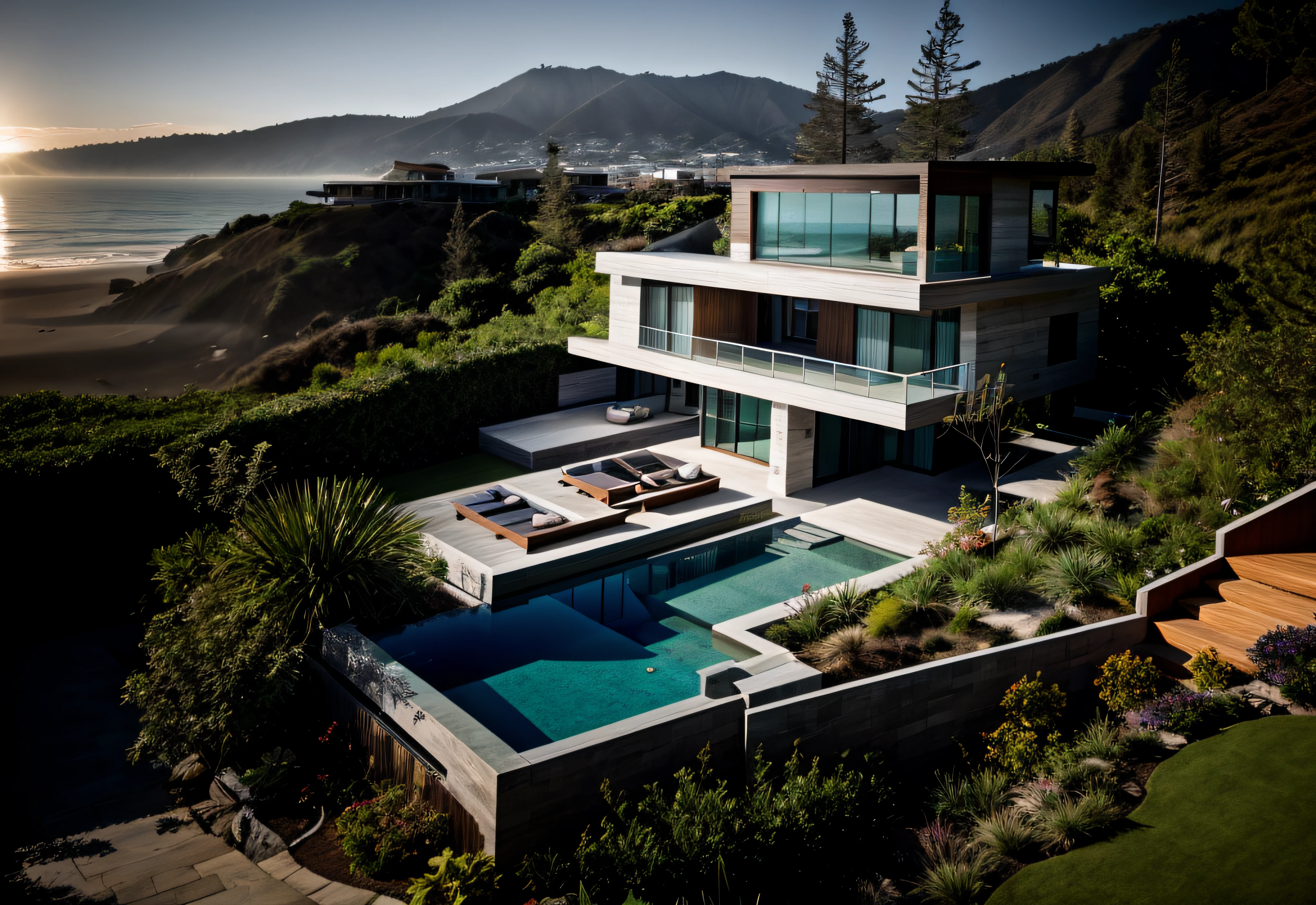 A view of a house with a pool and a beach in the background - SeaArt AI