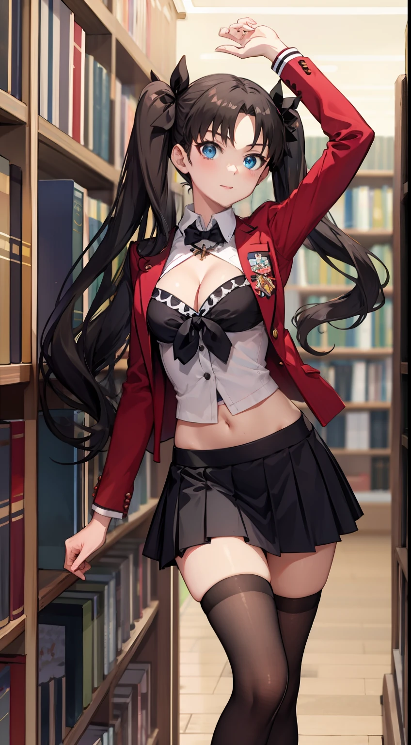 A woman in a school uniform is standing in a library - SeaArt AI