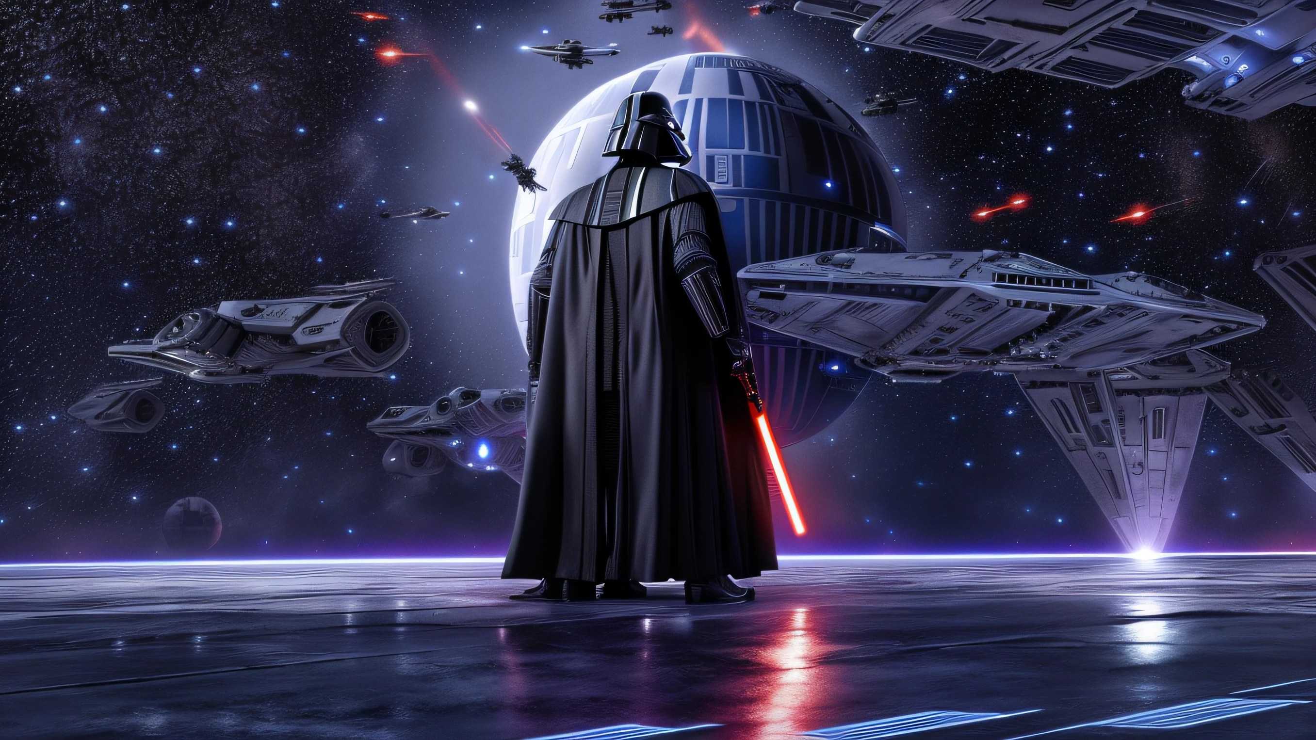 Darth vader stands in front of a spaceship and a star wars ship - SeaArt AI