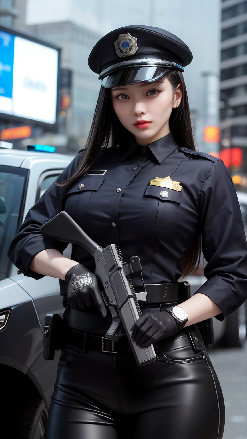 Araffe police woman in leather pants and a hat holding a gun - SeaArt AI