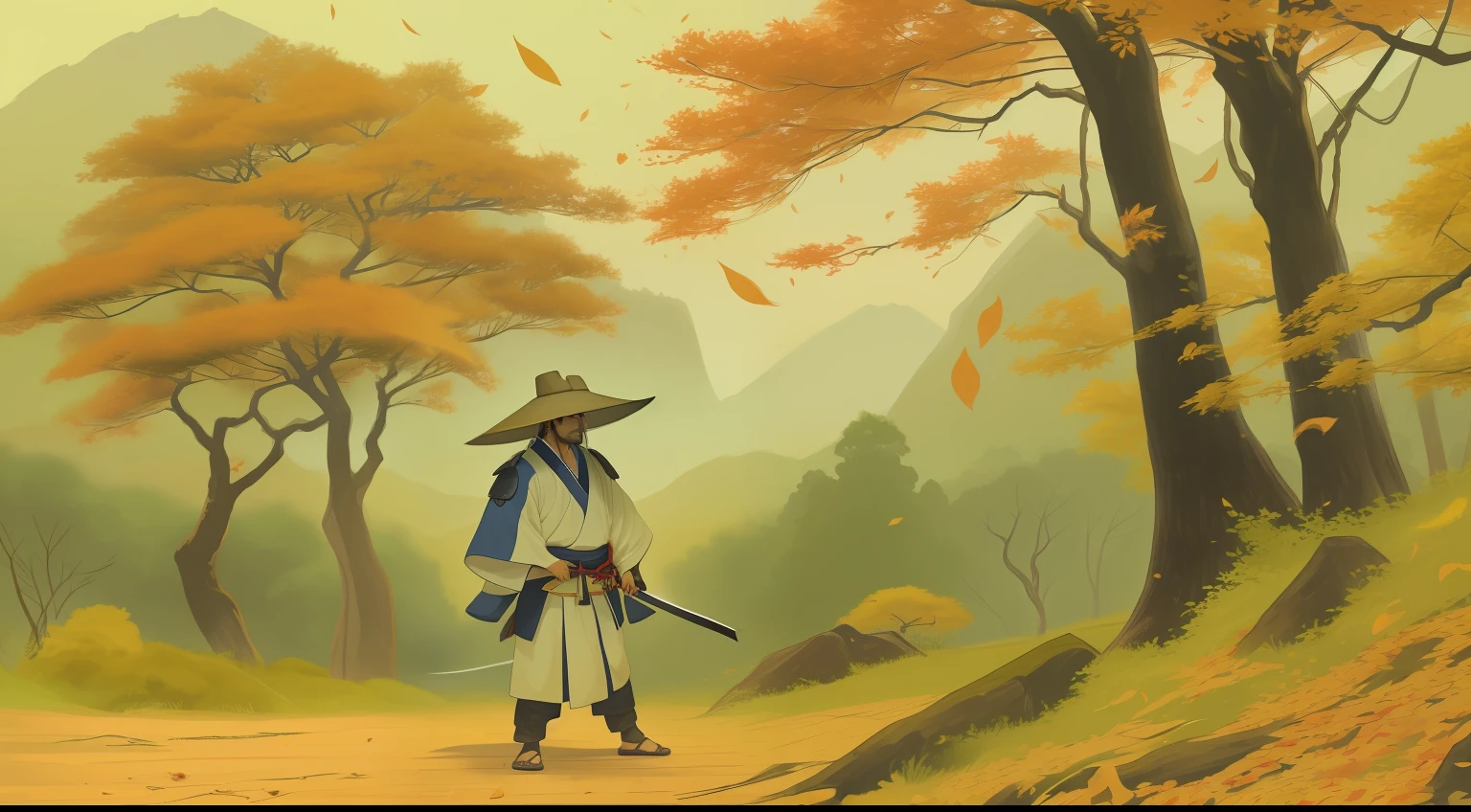 There is a man in a hat and a samurai outfit walking in the woods ...