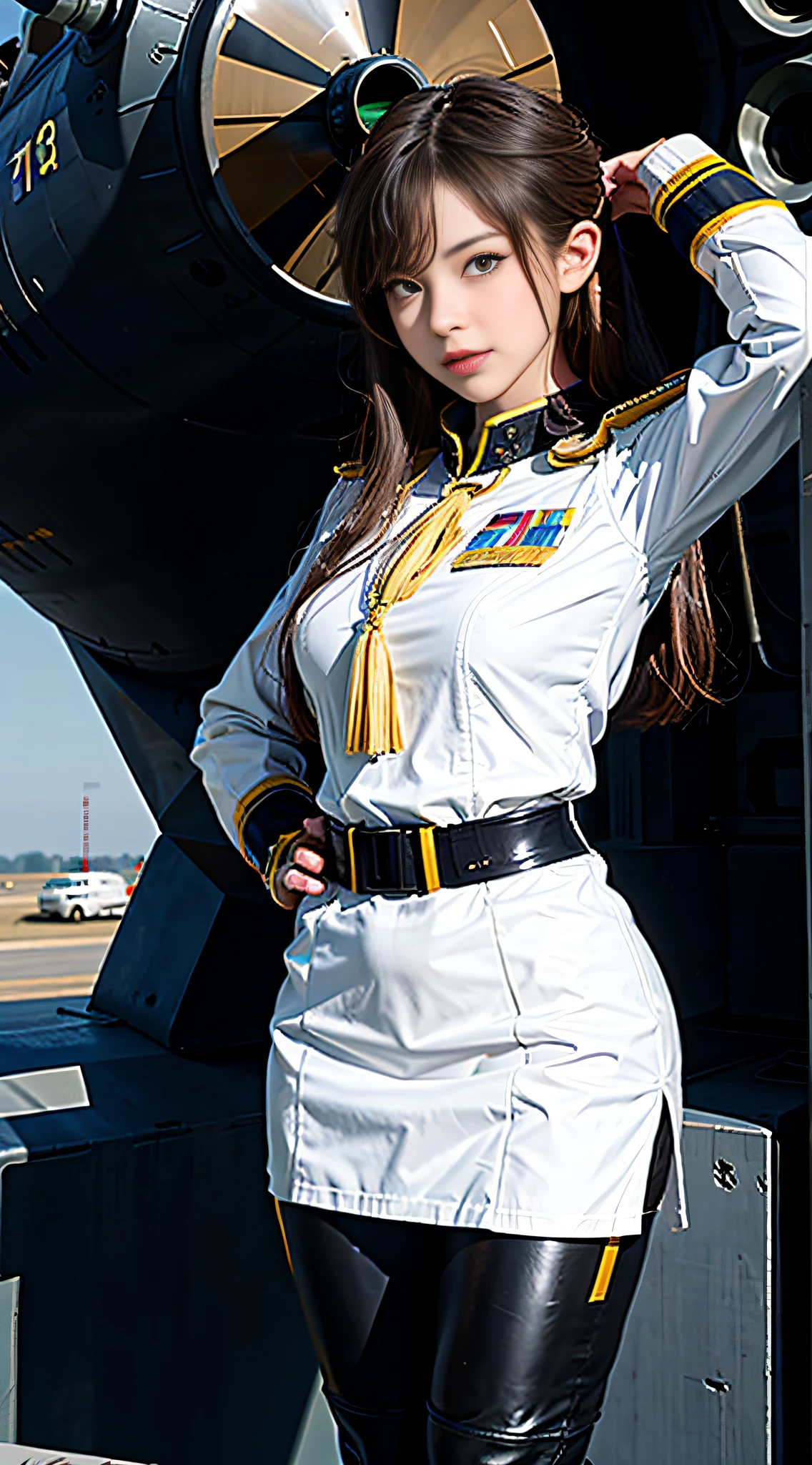 Woman in uniform posing in front of a large airplane - SeaArt AI