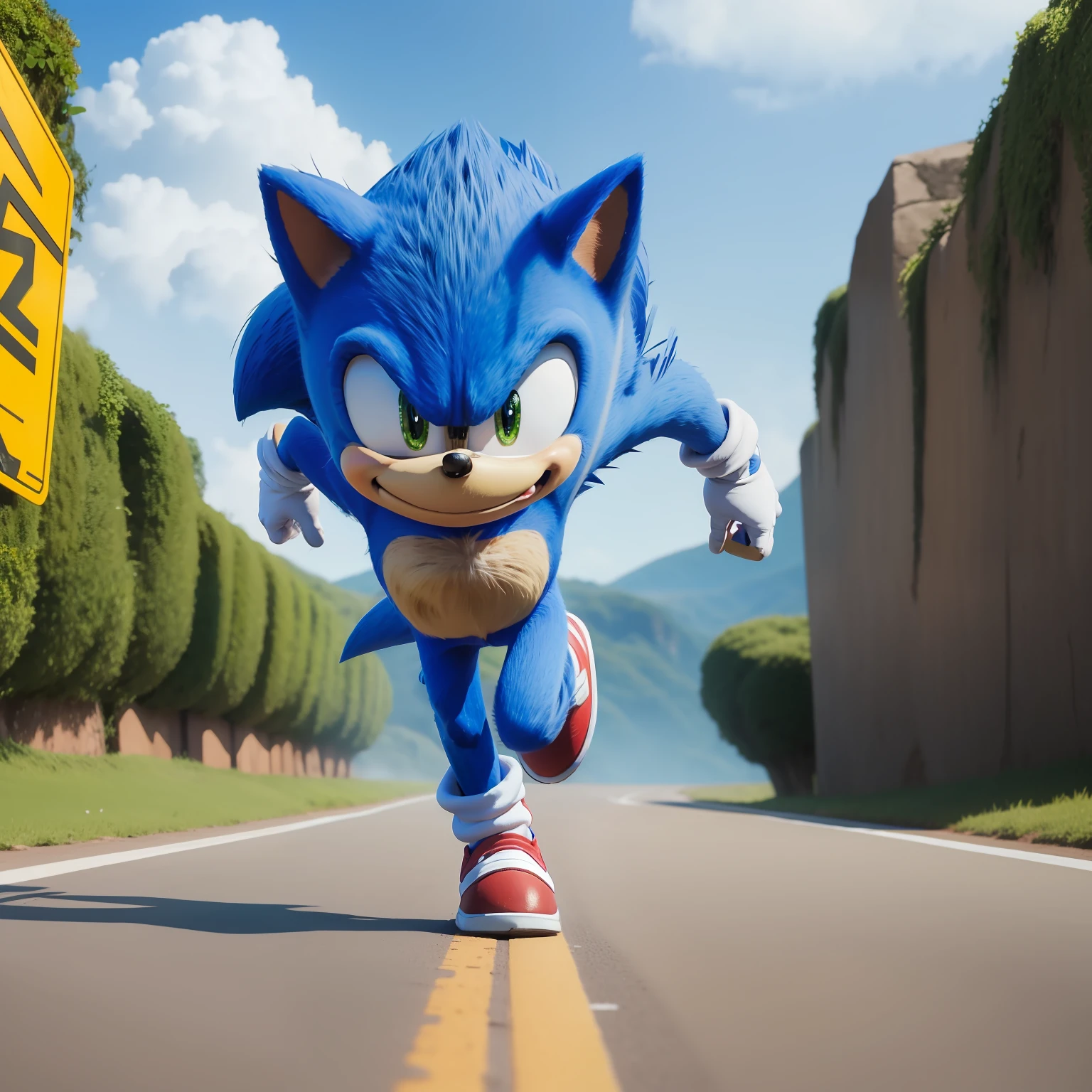 Sonic the hedge running down a road in a scene from sonic the hedge ...