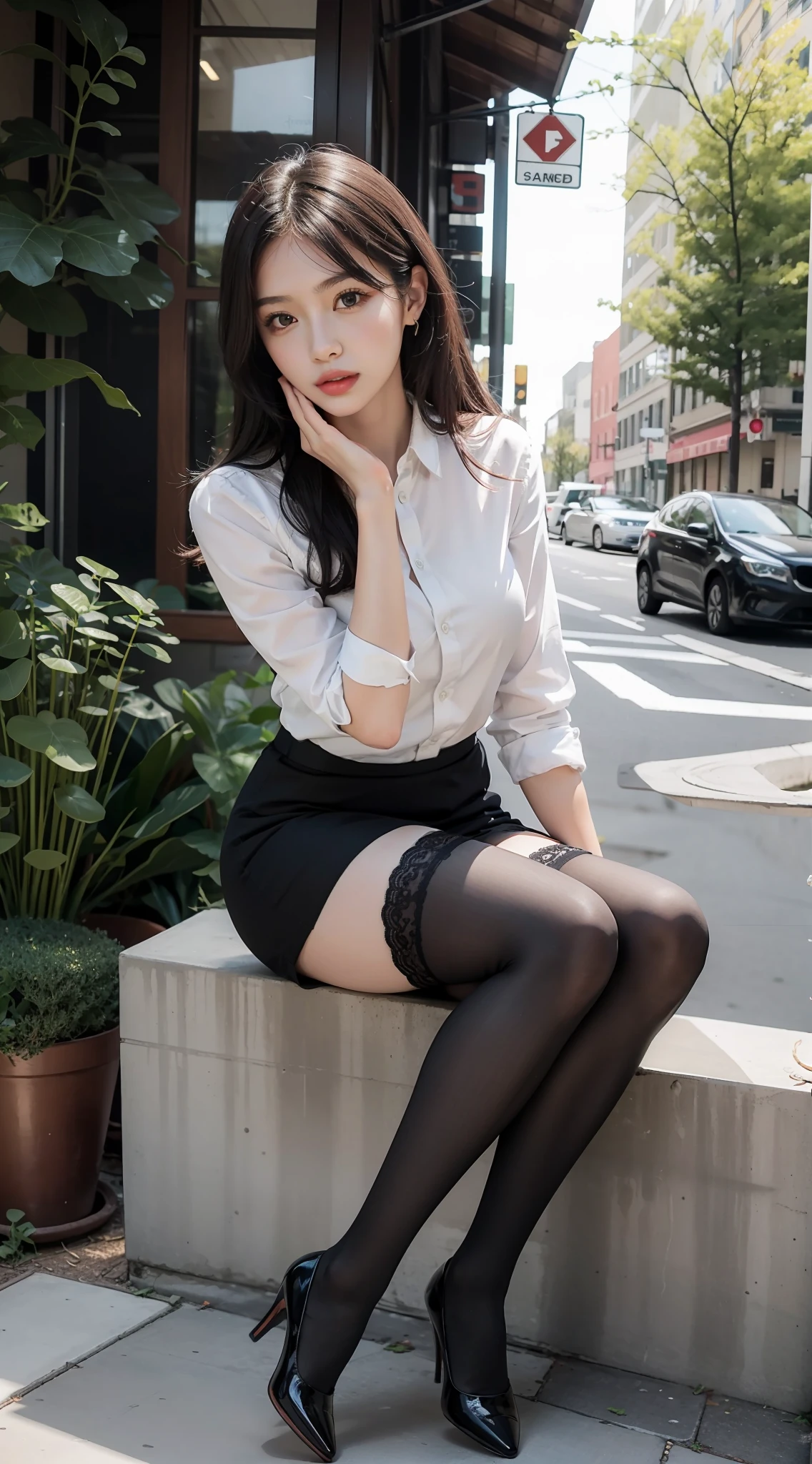 A woman sitting on a ledge in a skirt and shirt - SeaArt AI