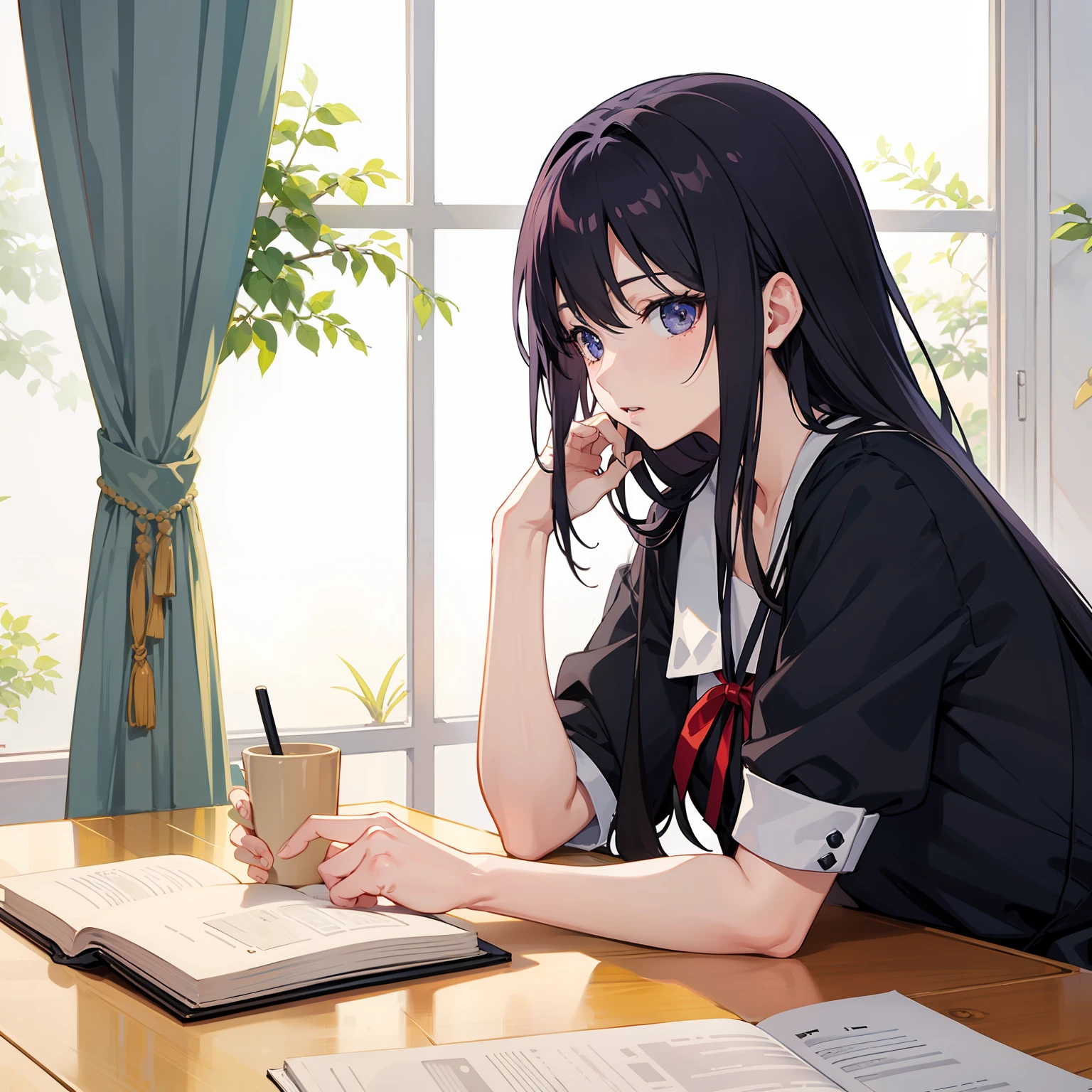 Anime girl sitting at a table writing in a book - SeaArt AI