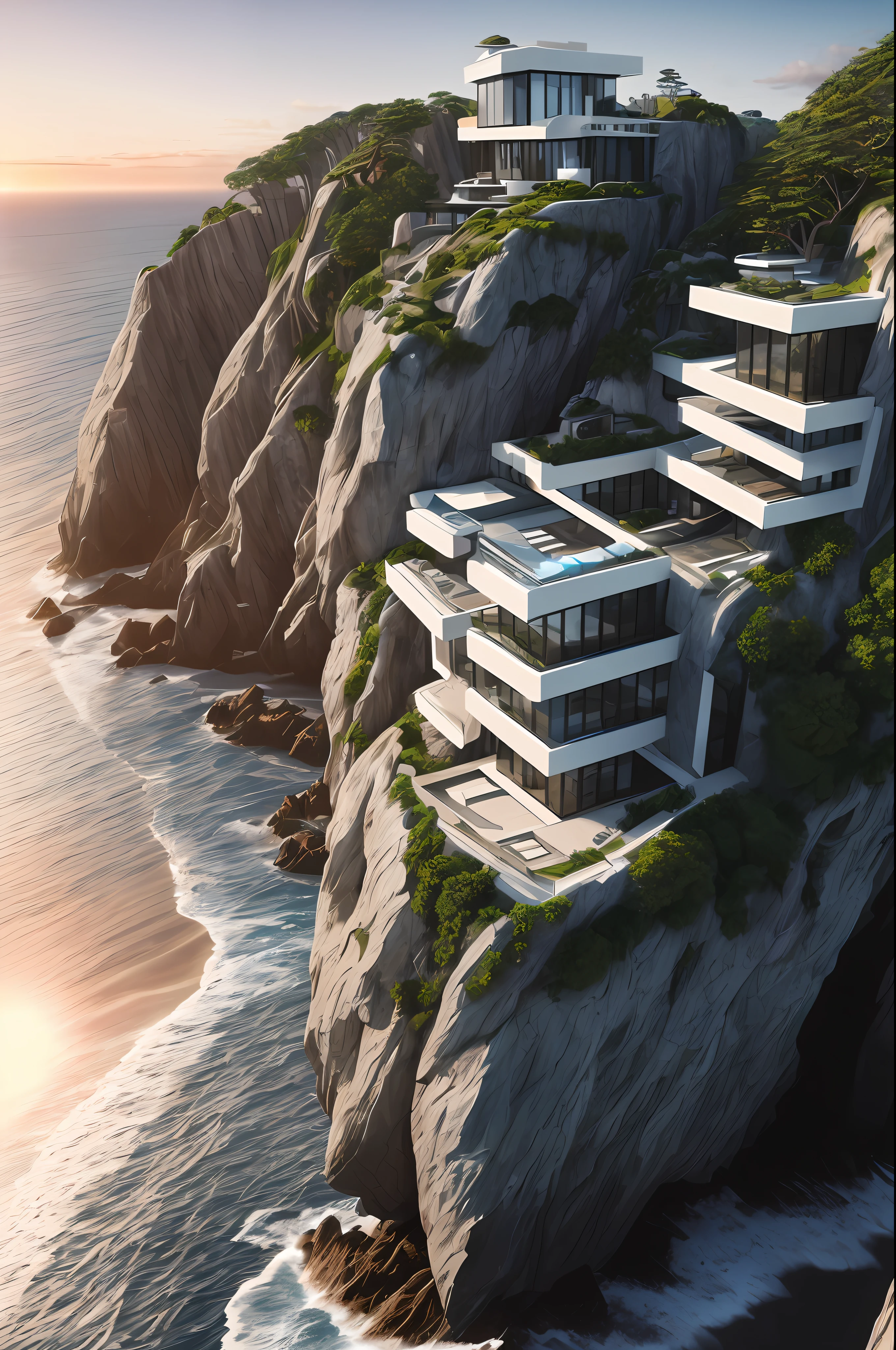 A rendering of a cliff house on a cliff overlooking the ocean - SeaArt AI