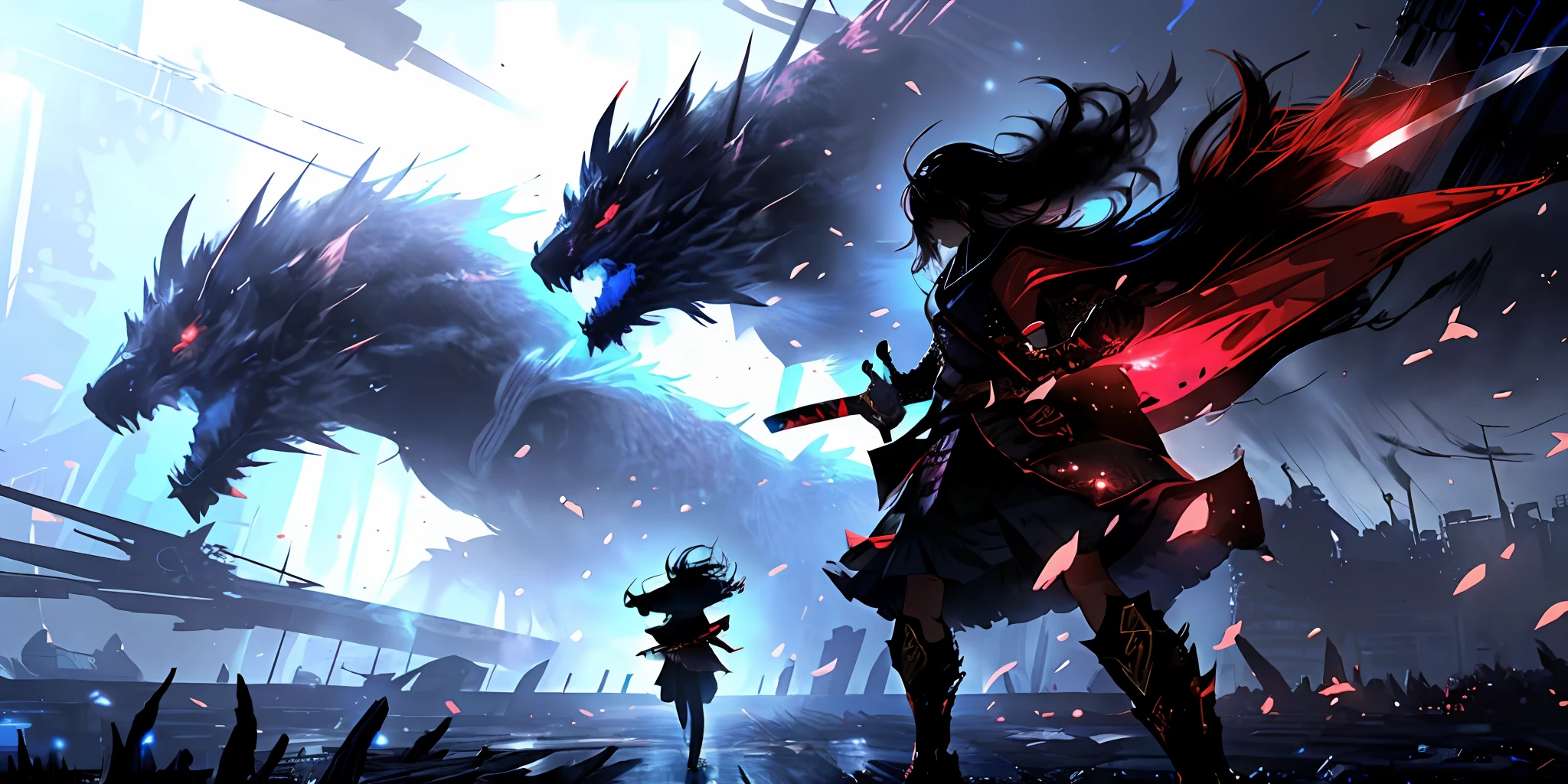 Anime girl with sword and dragon in a dark city - SeaArt AI