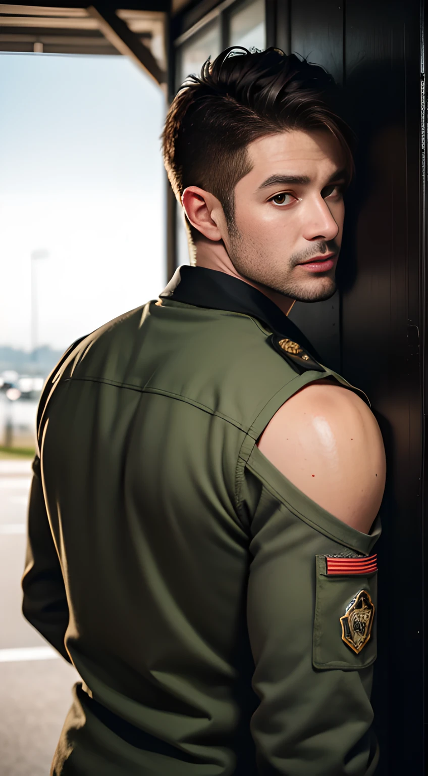 Arafed man in military uniform leaning against a wall - SeaArt AI