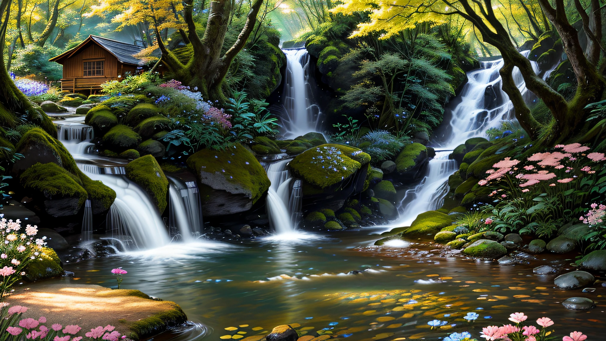 Painting of a waterfall in a forest with a cabin in the background ...