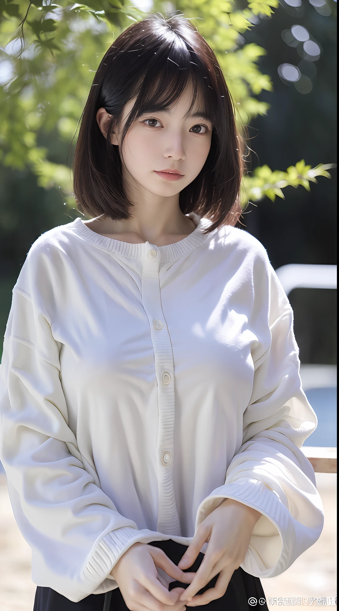 A close up of a woman in a white shirt and black skirt - SeaArt AI