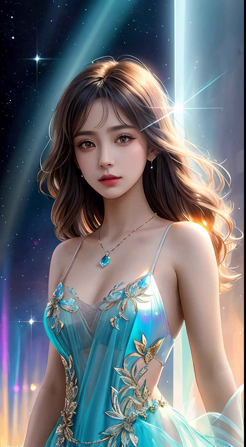 A close up of a woman in a dress with a star in the background - SeaArt AI