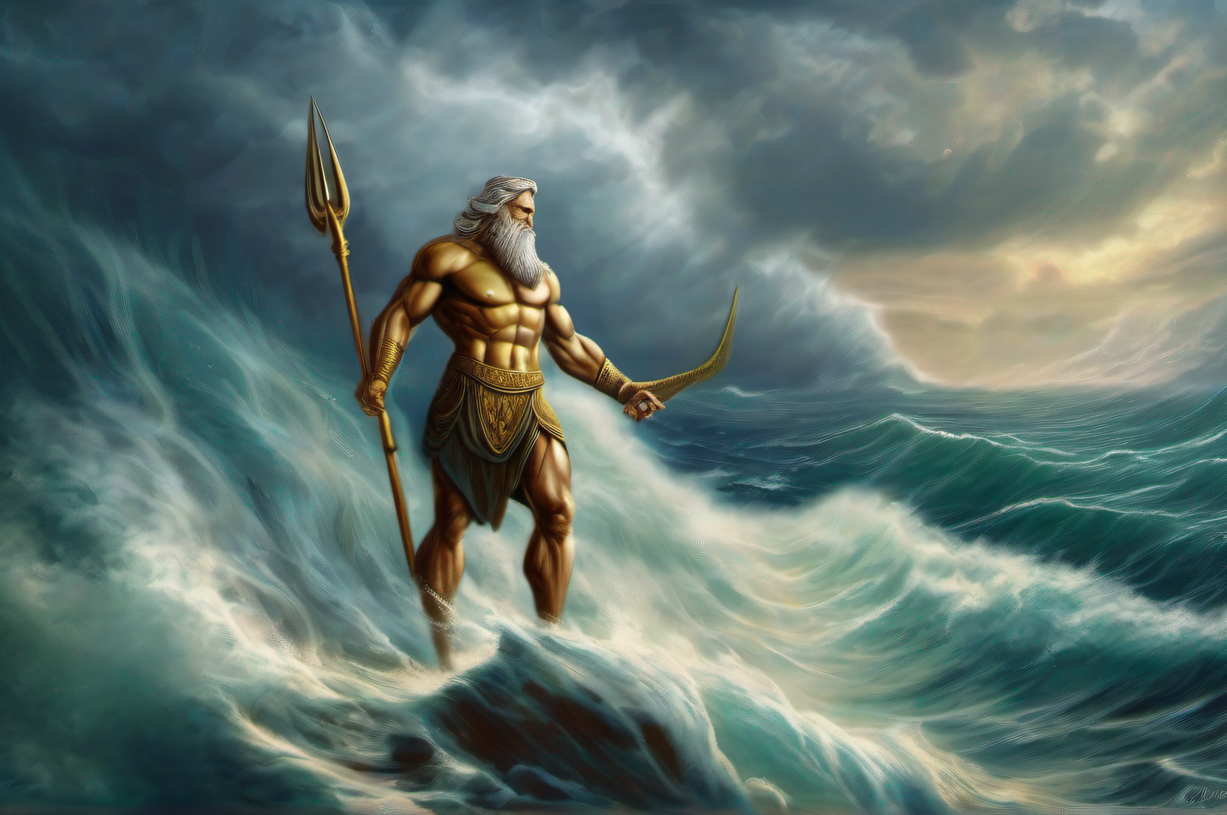 Una pintura de un hombre parado sobre una ola sosteniendo una lanza ...
