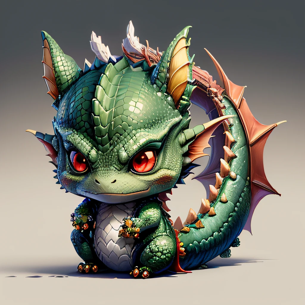 A close up of a green dragon with red eyes sitting on a white ball ...