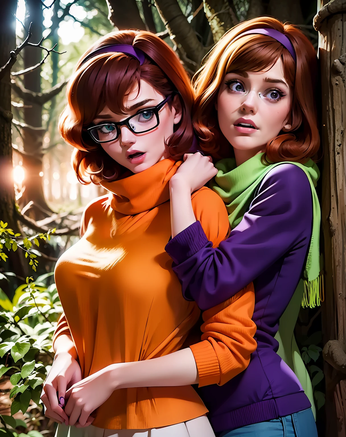 Two women in glasses are posing for a picture in the woods - SeaArt AI