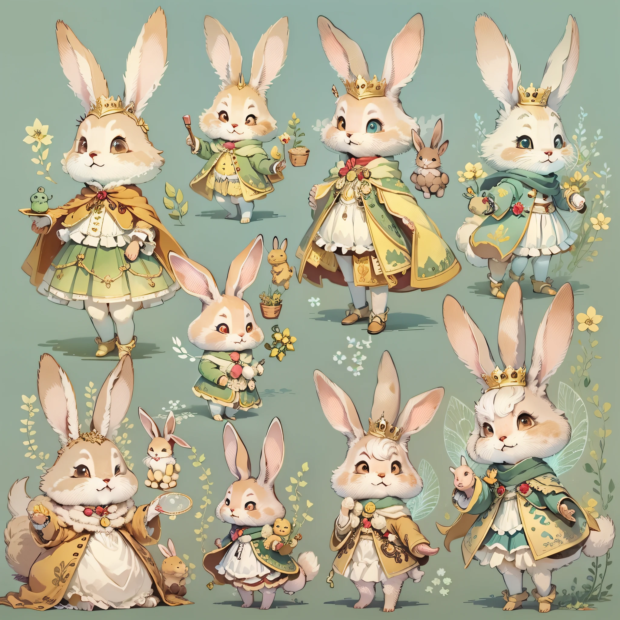 There are many rabbits dressed in fancy clothes and holding flowers ...
