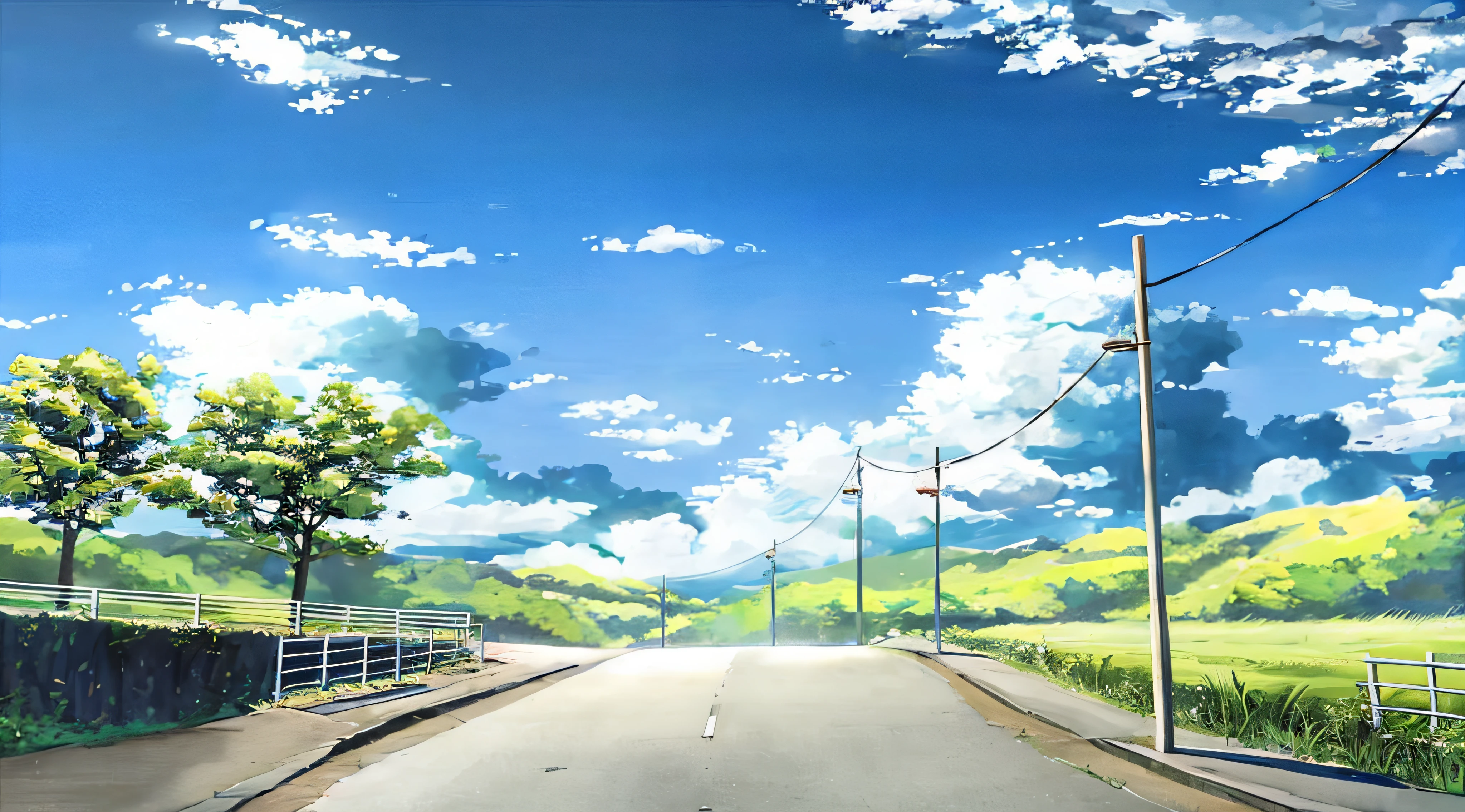 Anime scenery of a road with power lines and a fence - SeaArt AI
