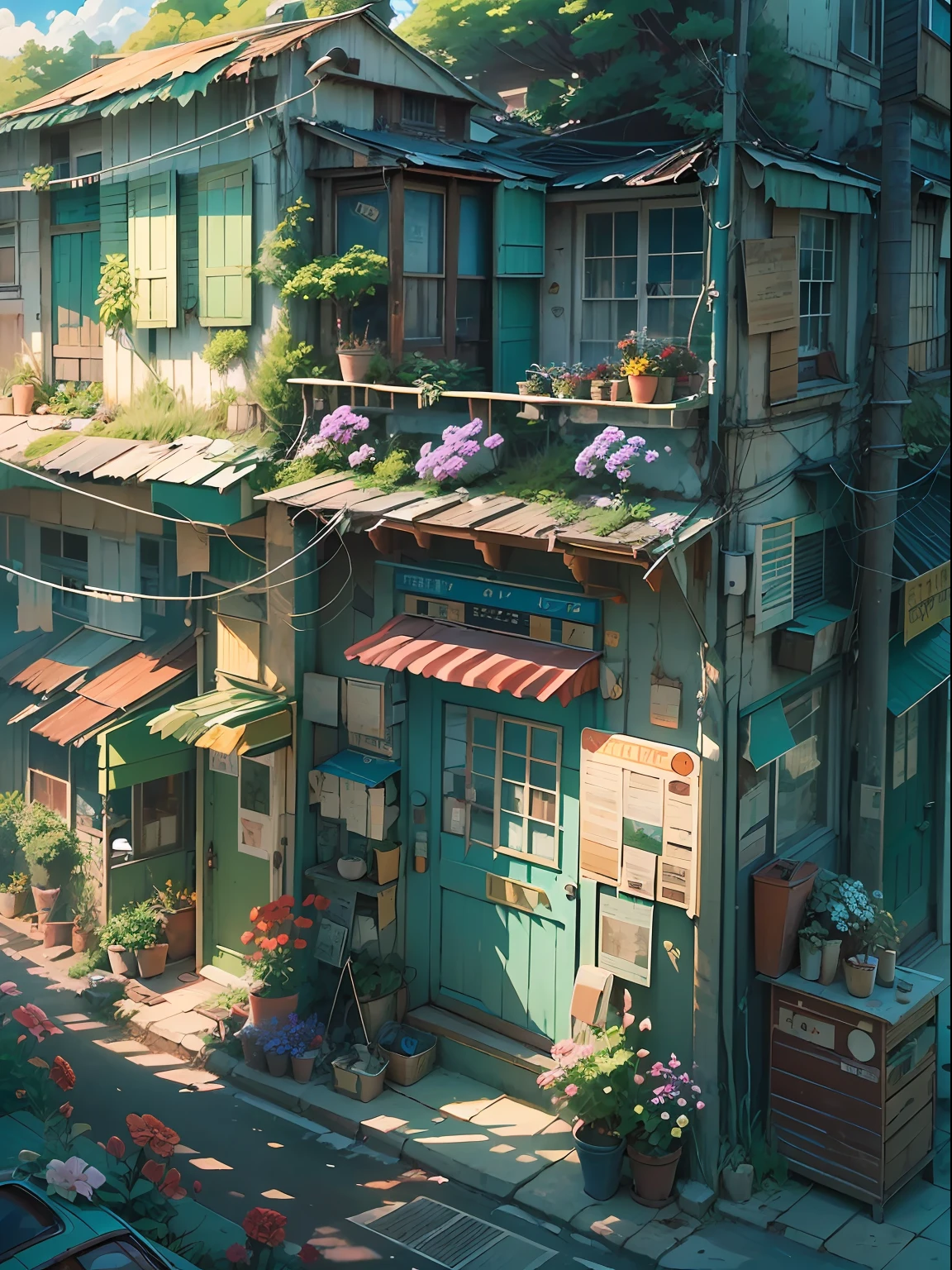 Anime city with a lot of flowers and plants on the roof - SeaArt AI